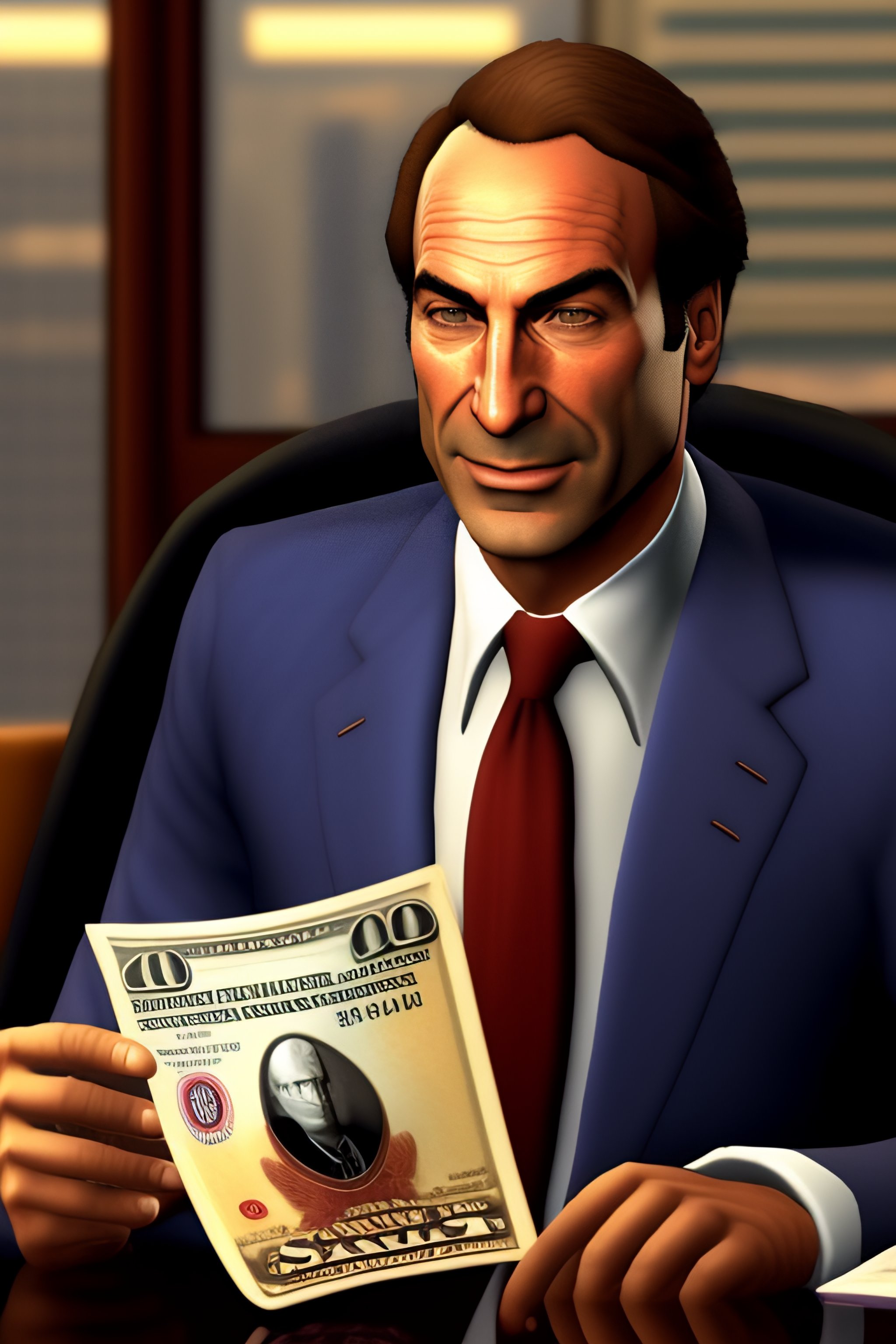 Lexica - Saul Goodman talking to the camera with money in office ...