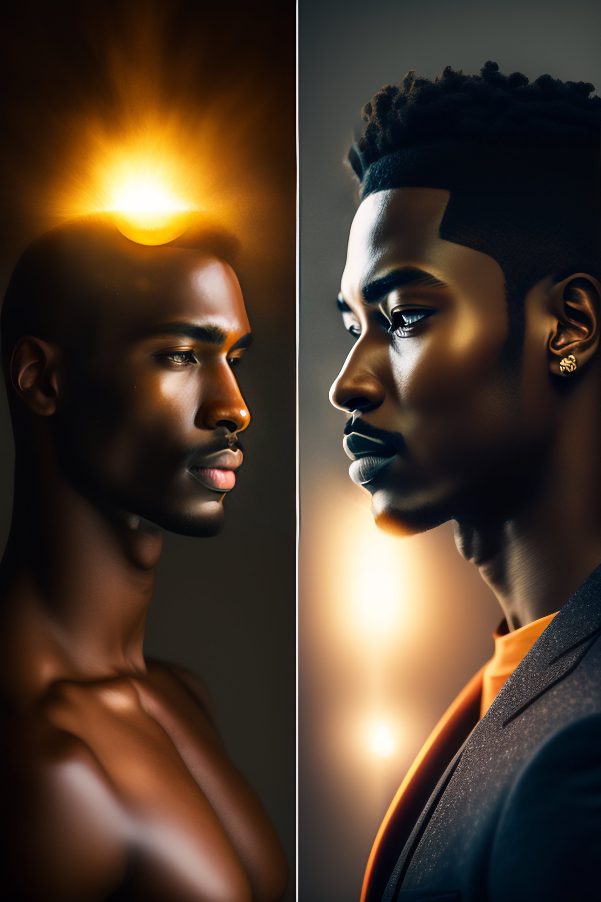 Lexica - Dark soul becoming light, men; high lights; full body; photo style