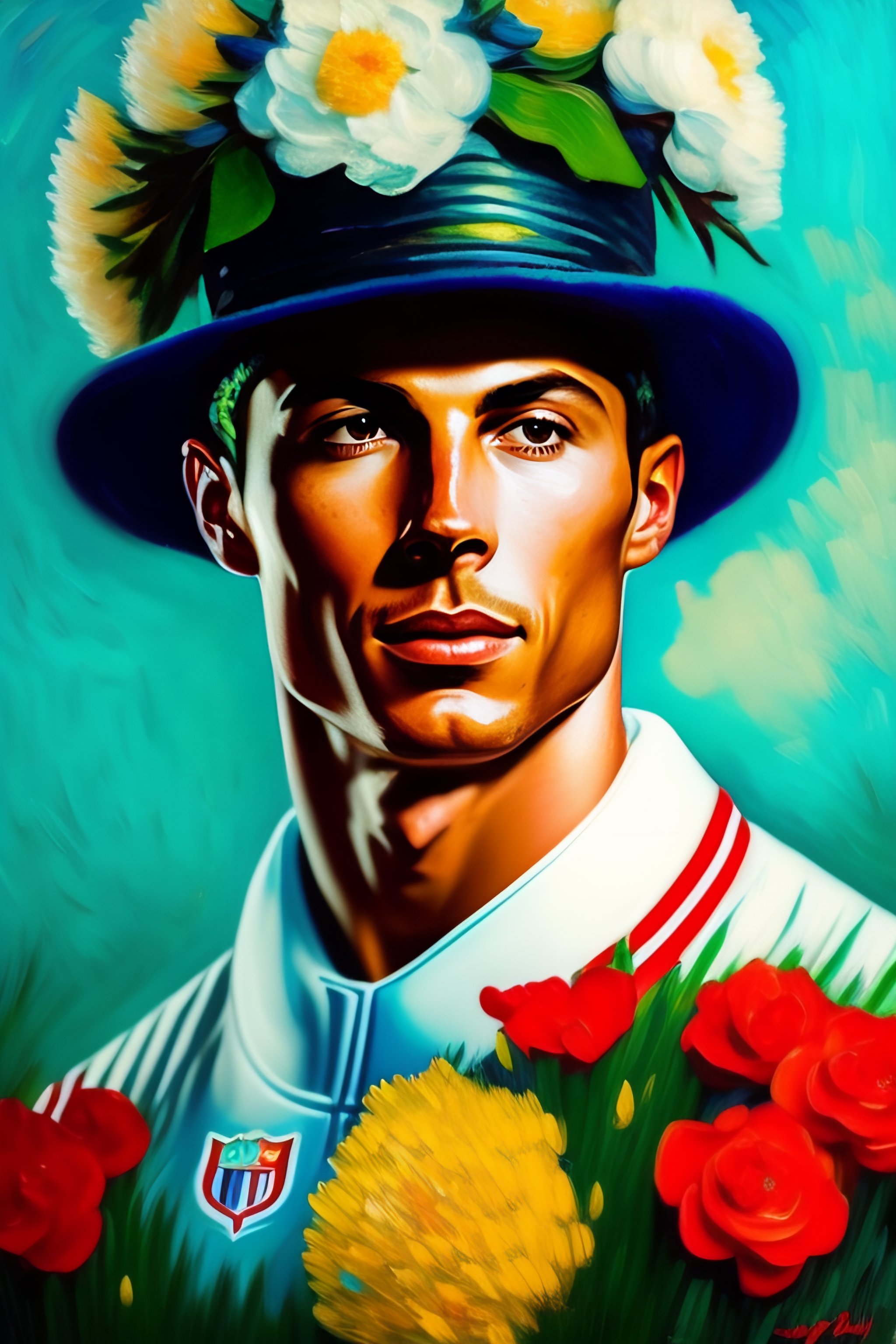 Lexica - A portrait of Cristiano Ronaldo with a hat of flowers, by Van ...