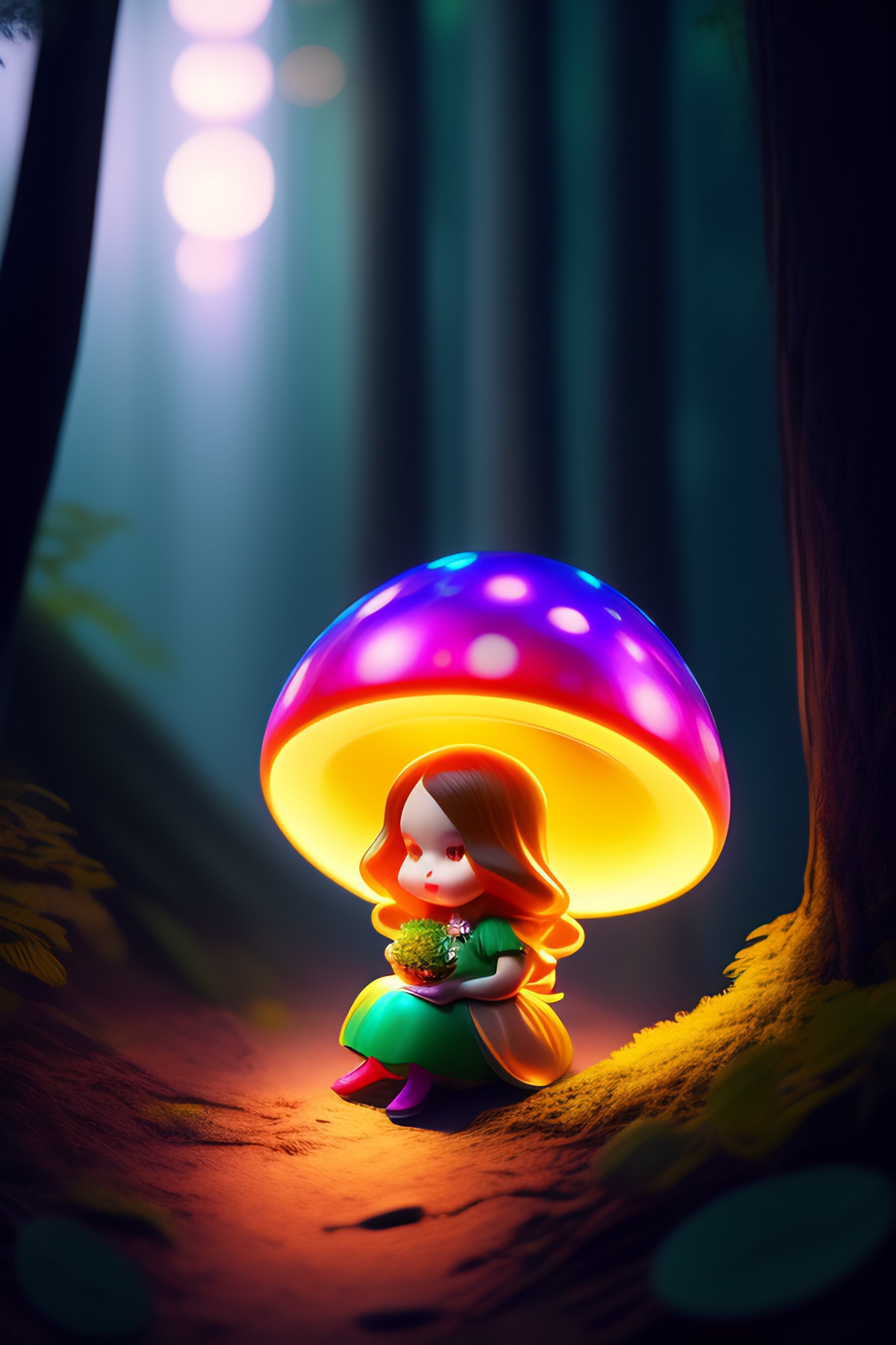 Lexica - Thumbelina is sitting next to a glowing toadstool at night in the forest, made by ...