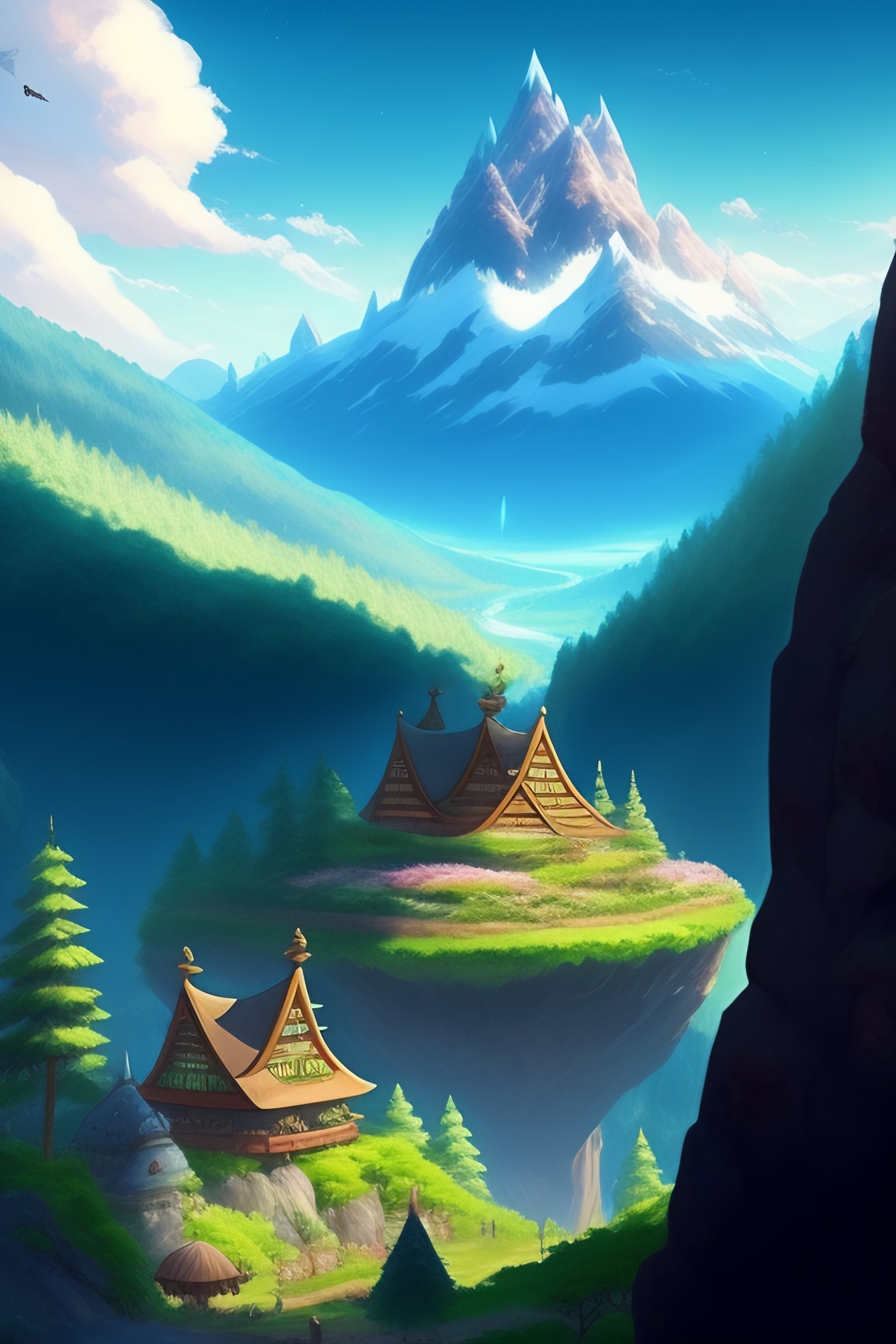 Lexica - Mountain overseeing fantasy village next to a forest, studio ...