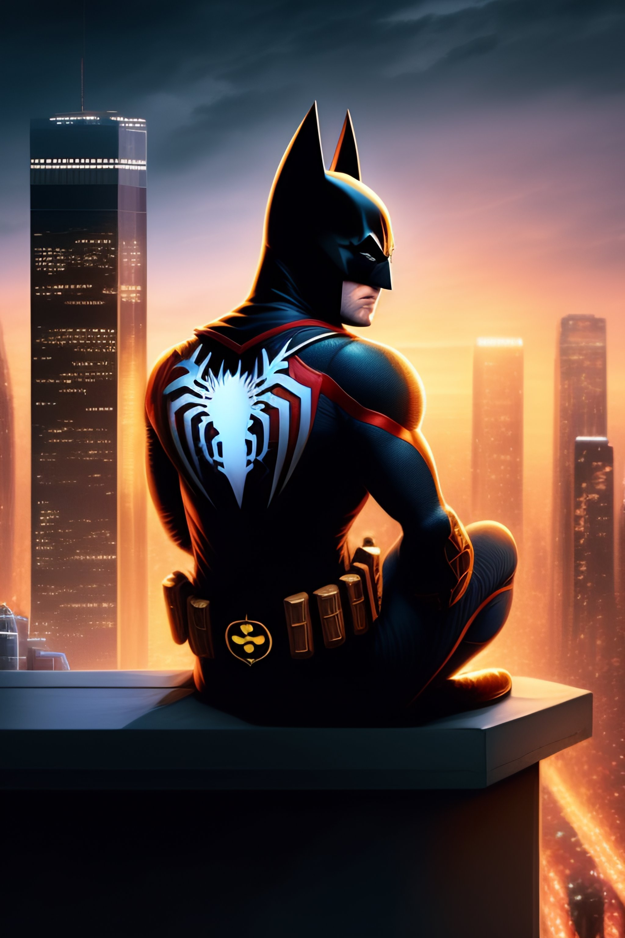 Lexica - Batman sitting on a roof looking down at a city below, wearing ...