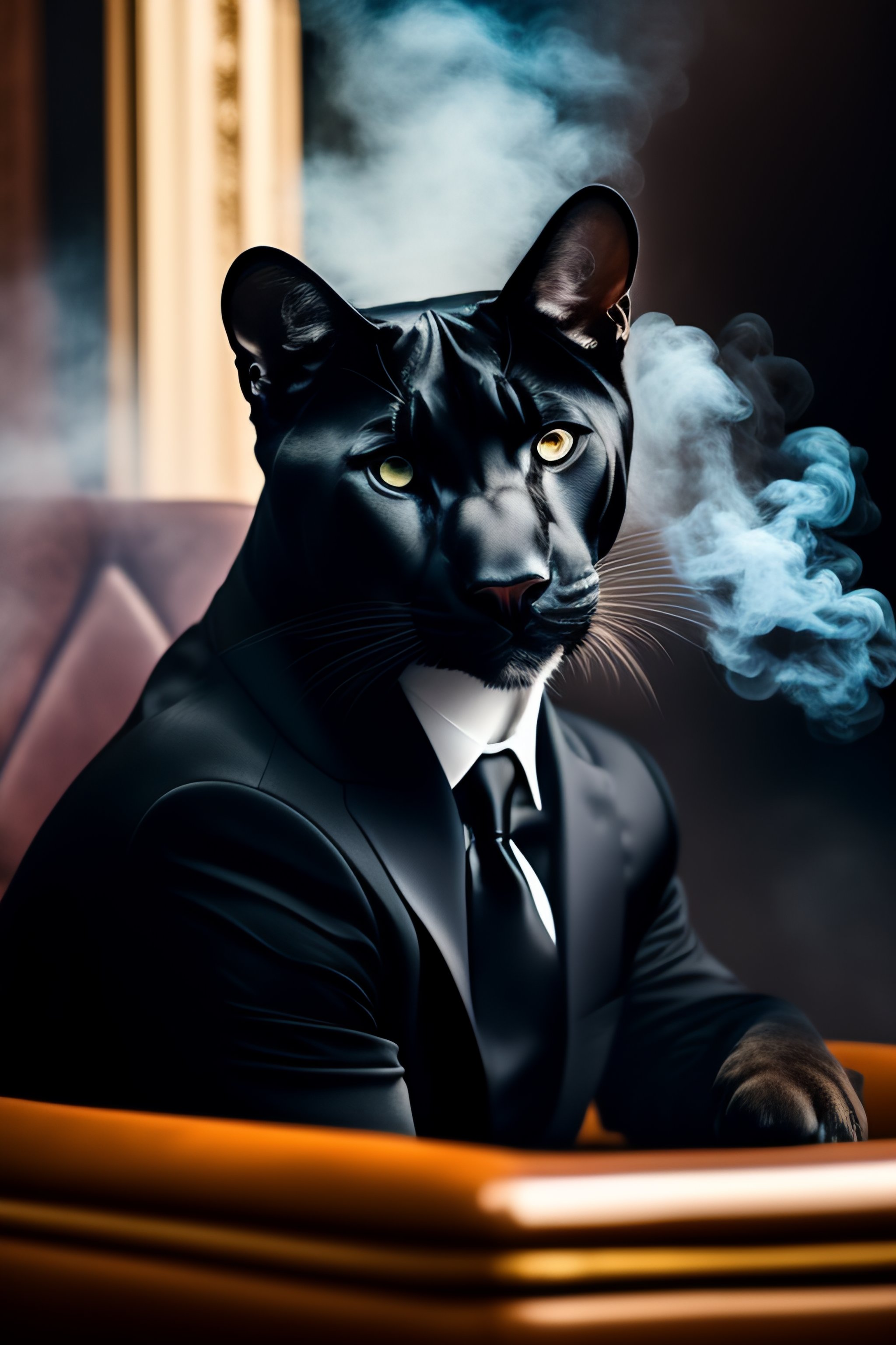 Lexica - Elegant panther, black suit, smoking a very smoky cigarette ...