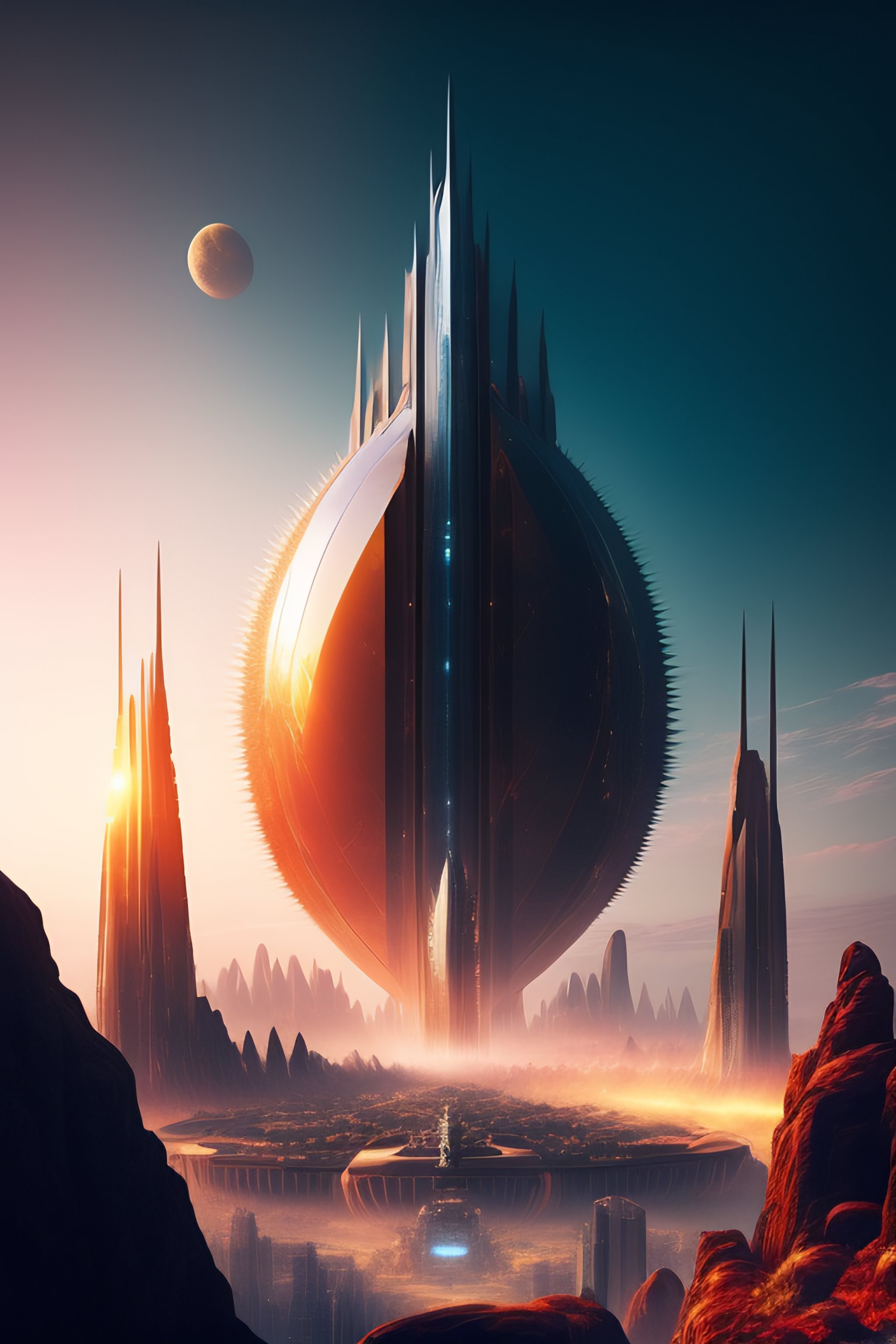 Lexica - A giant scary spiky marble in the middle of a futuristic city ...