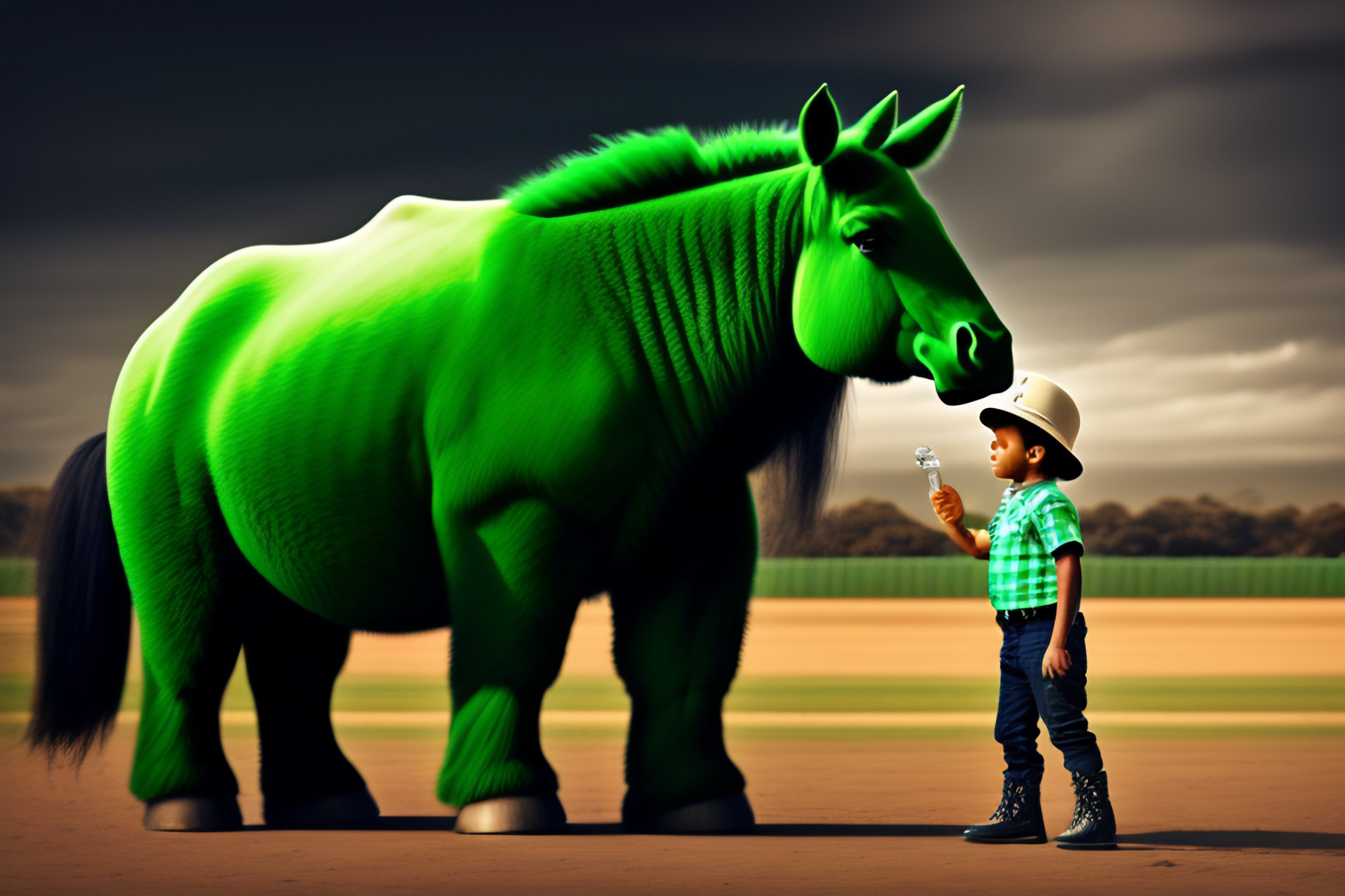 Lexica - Big green monster with american cap dancing with little poney