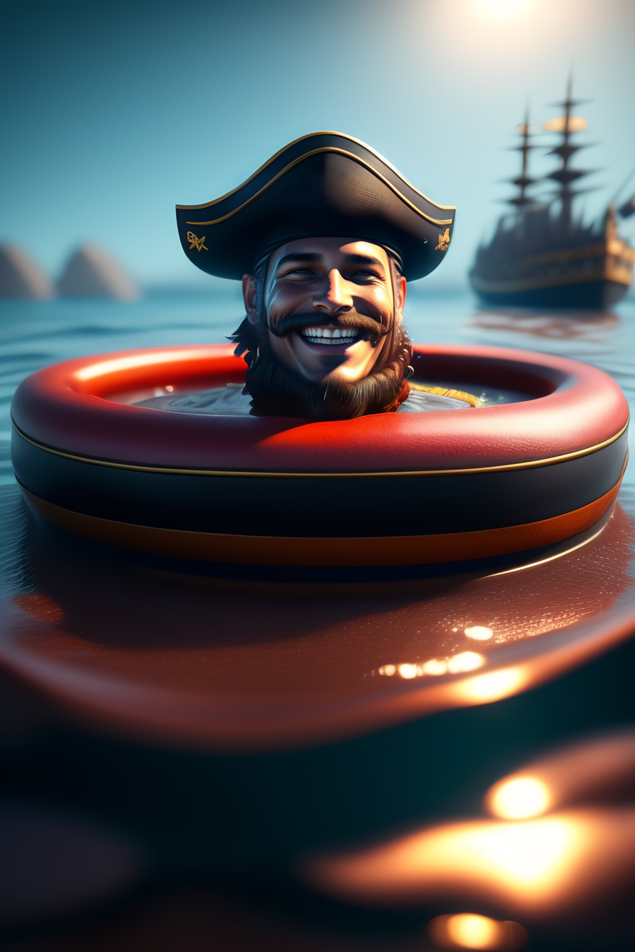 Lexica - A pirate floating smiles on a raft in the middle of the sea ...