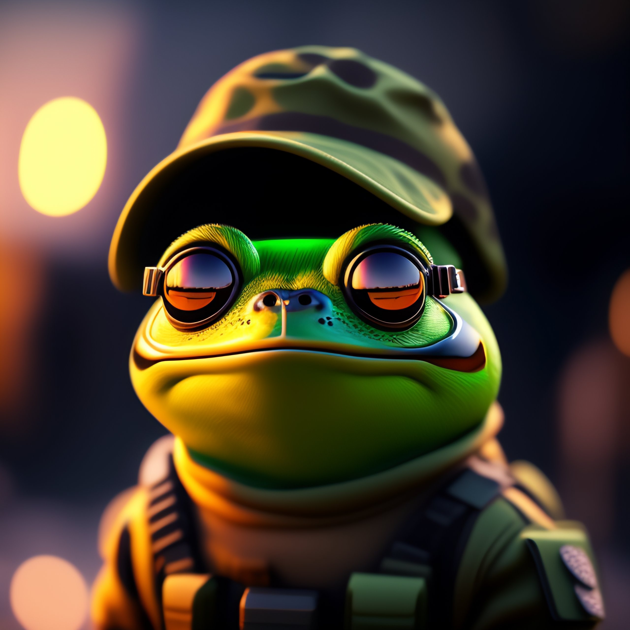 Lexica - Pepe the frog in the army at night, key lighting, soft lights ...