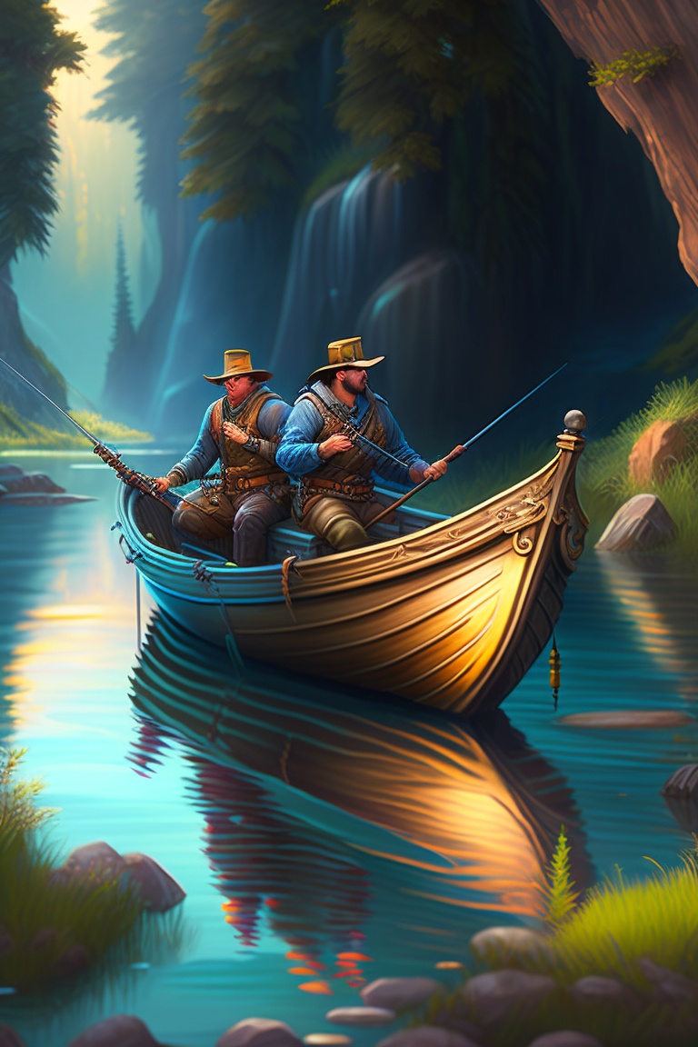 Lexica - 2 friends with fishing rods in a boat fishing in a hidden ...