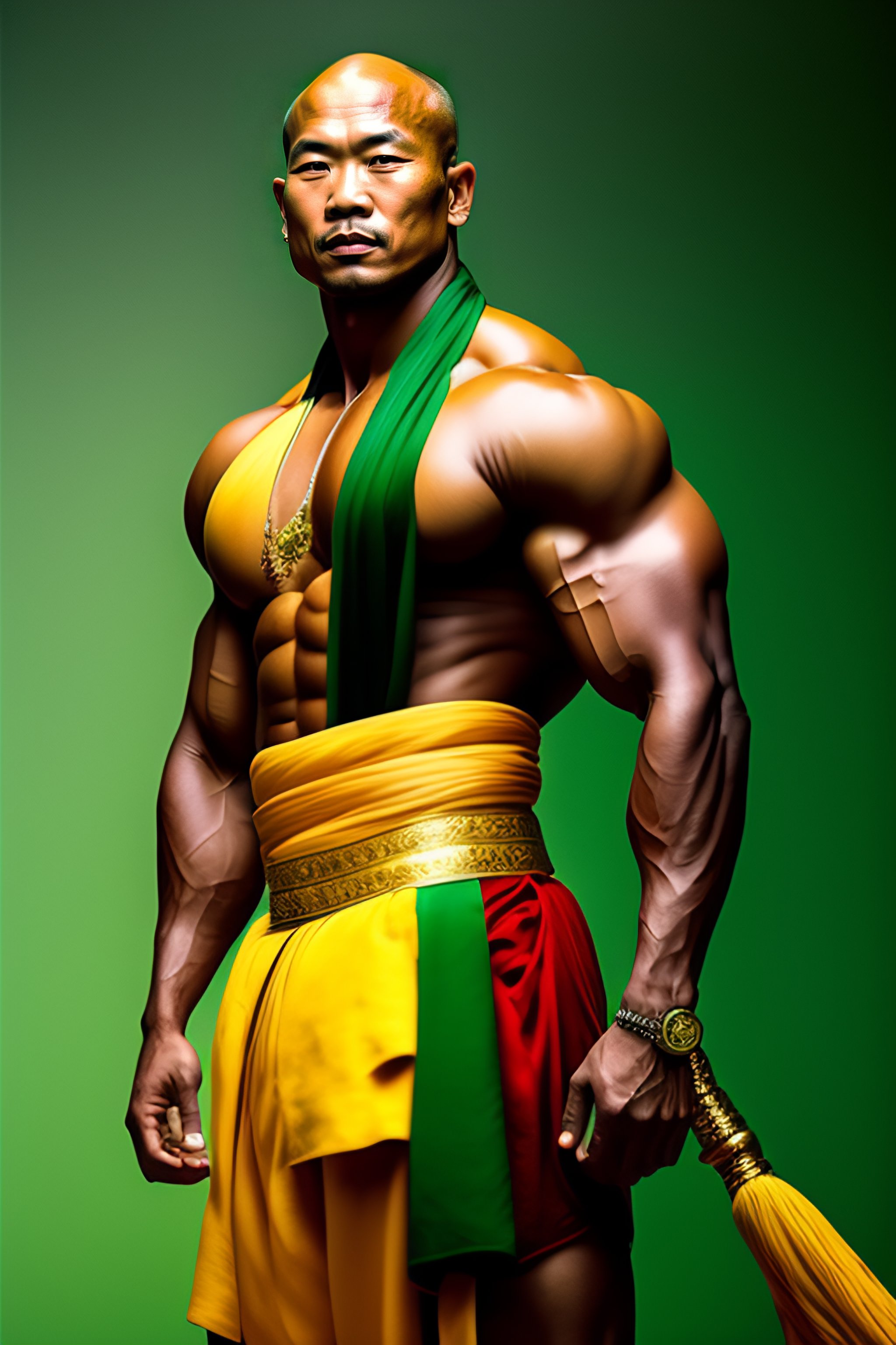 Lexica - Asian monk with bulging muscles and green and gold cloth pants ...