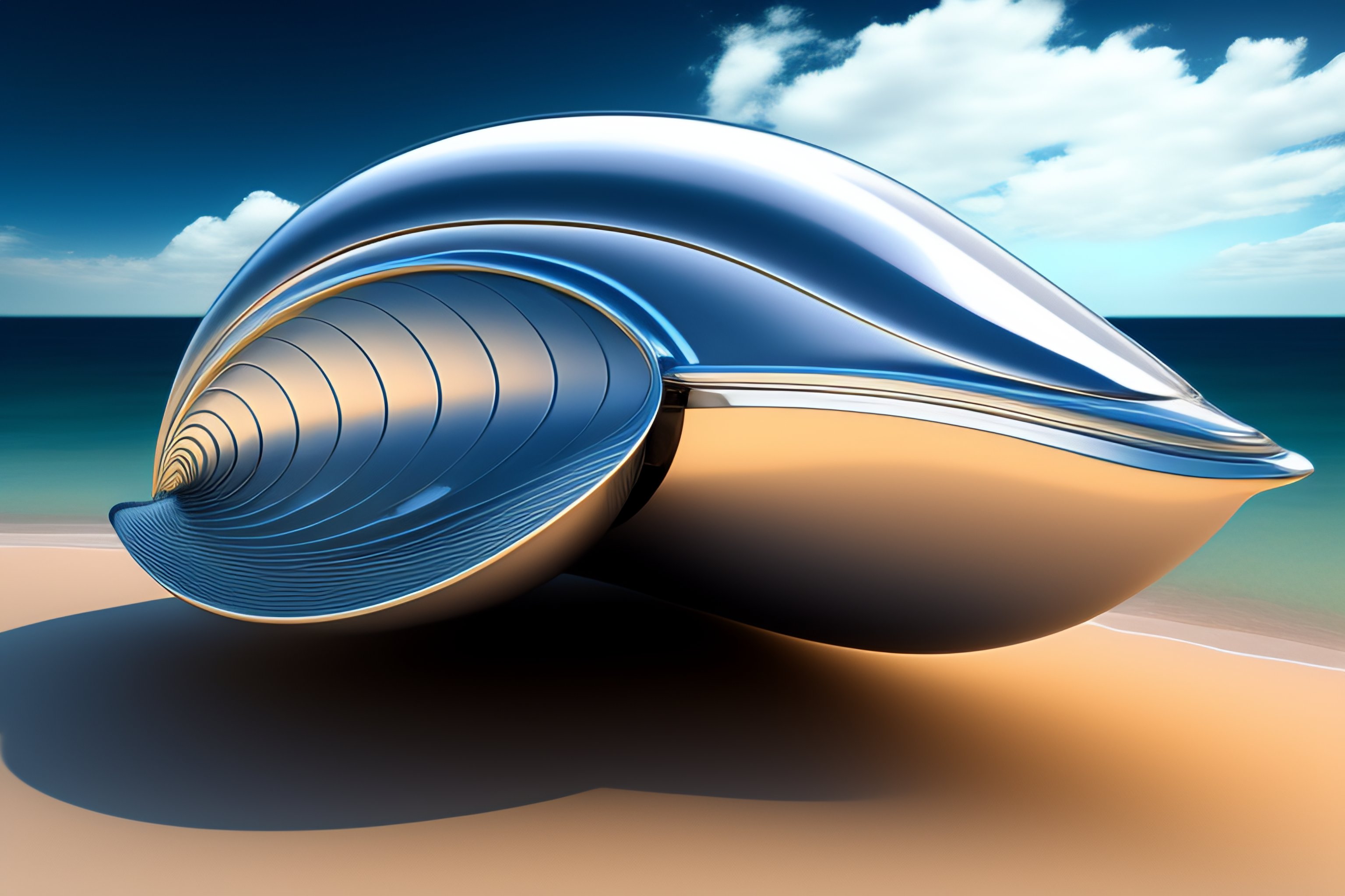 Lexica - Silver nautilus sea shell spaceship, flying, realistic
