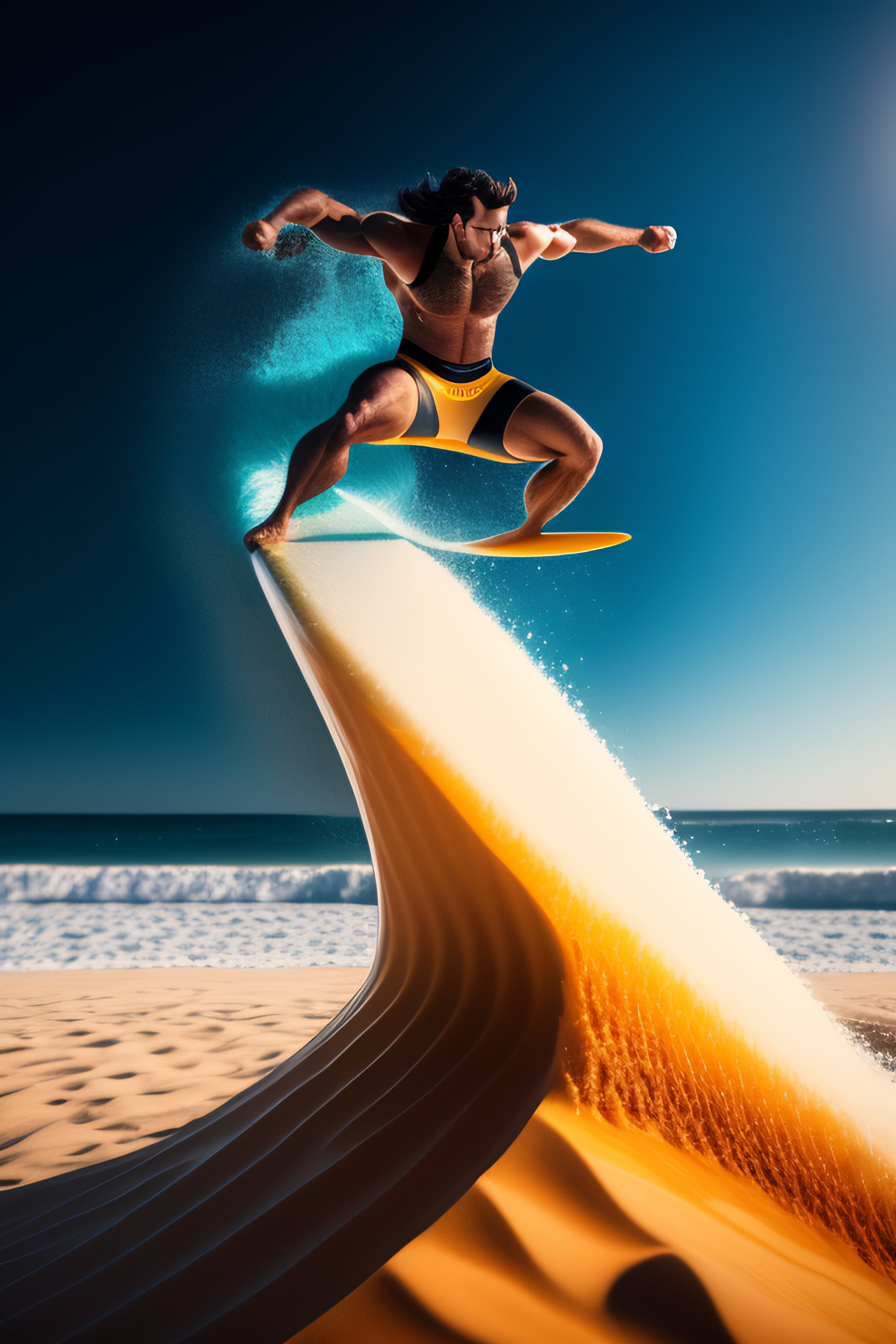 Lexica - Wolverine, on top of surf board, silver board, particles of ...