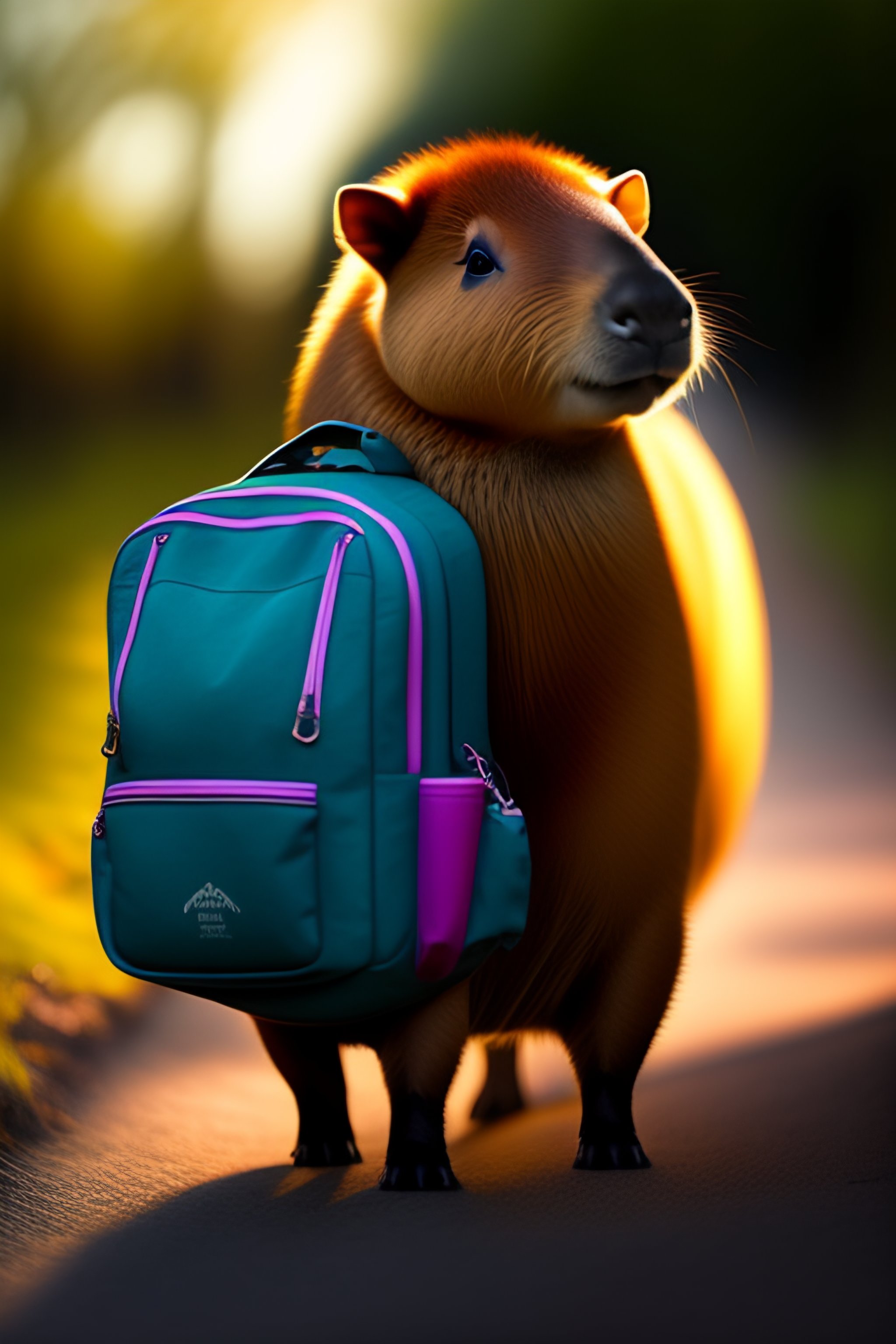 Lexica - Capybara with a barbie bag in his back going to his school in ...