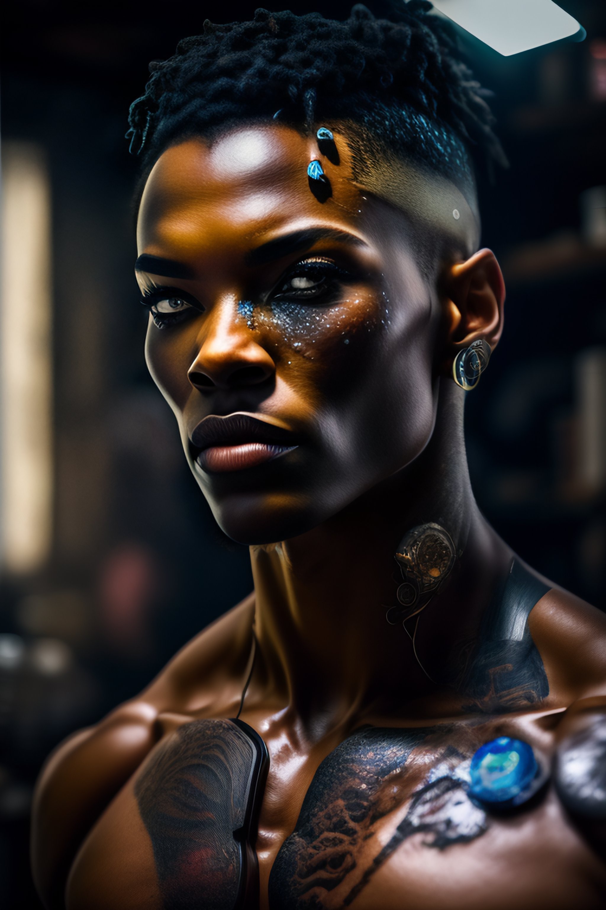 Lexica - Cyborg in a cluttered and messy shack , action shot, tattered ...