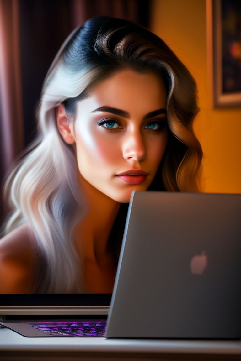 Lexica - A beautiful youthful woman lost her computer screen in the act of creating, her face ...