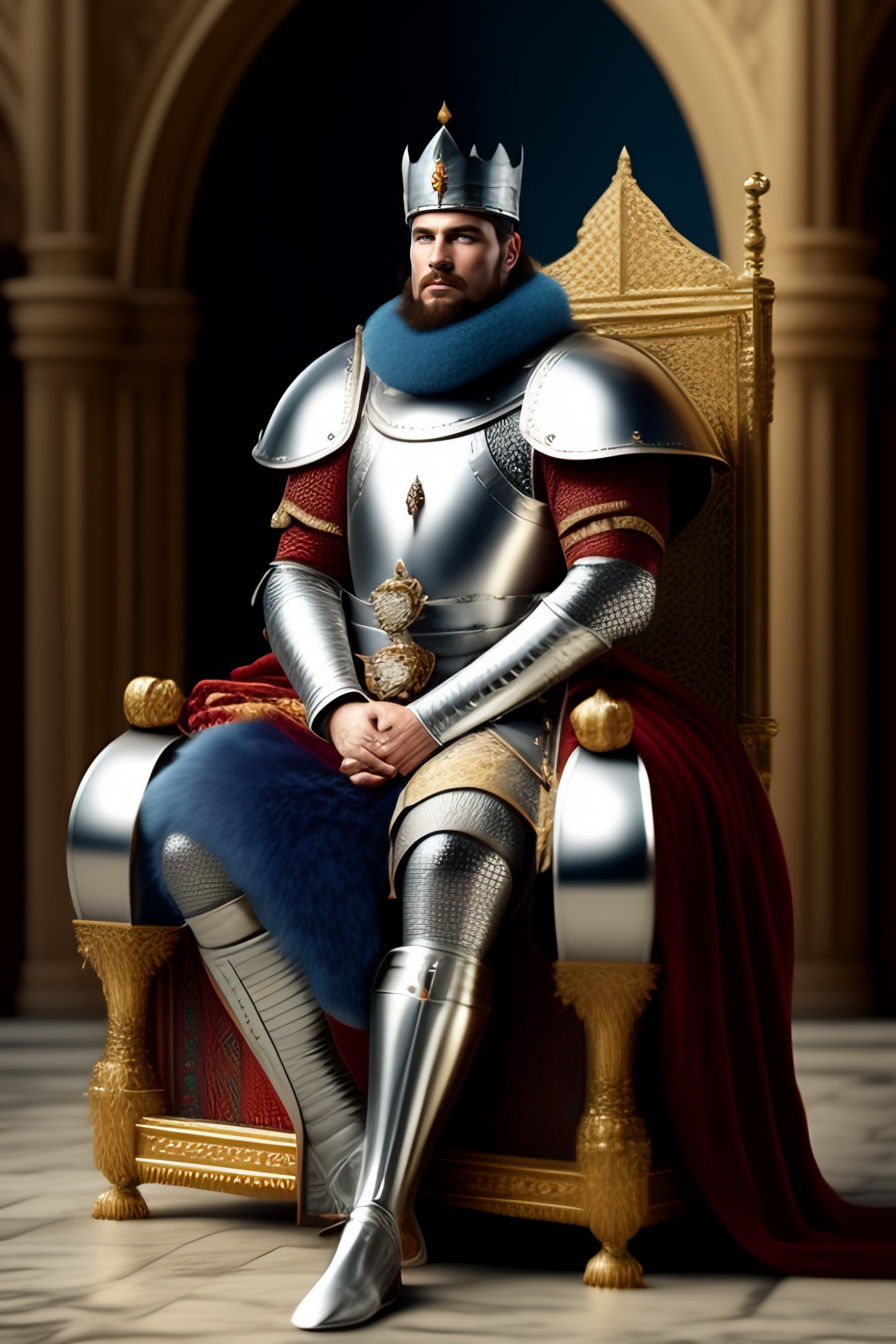 Lexica - A medieval baron in silver armor sitting on a throne