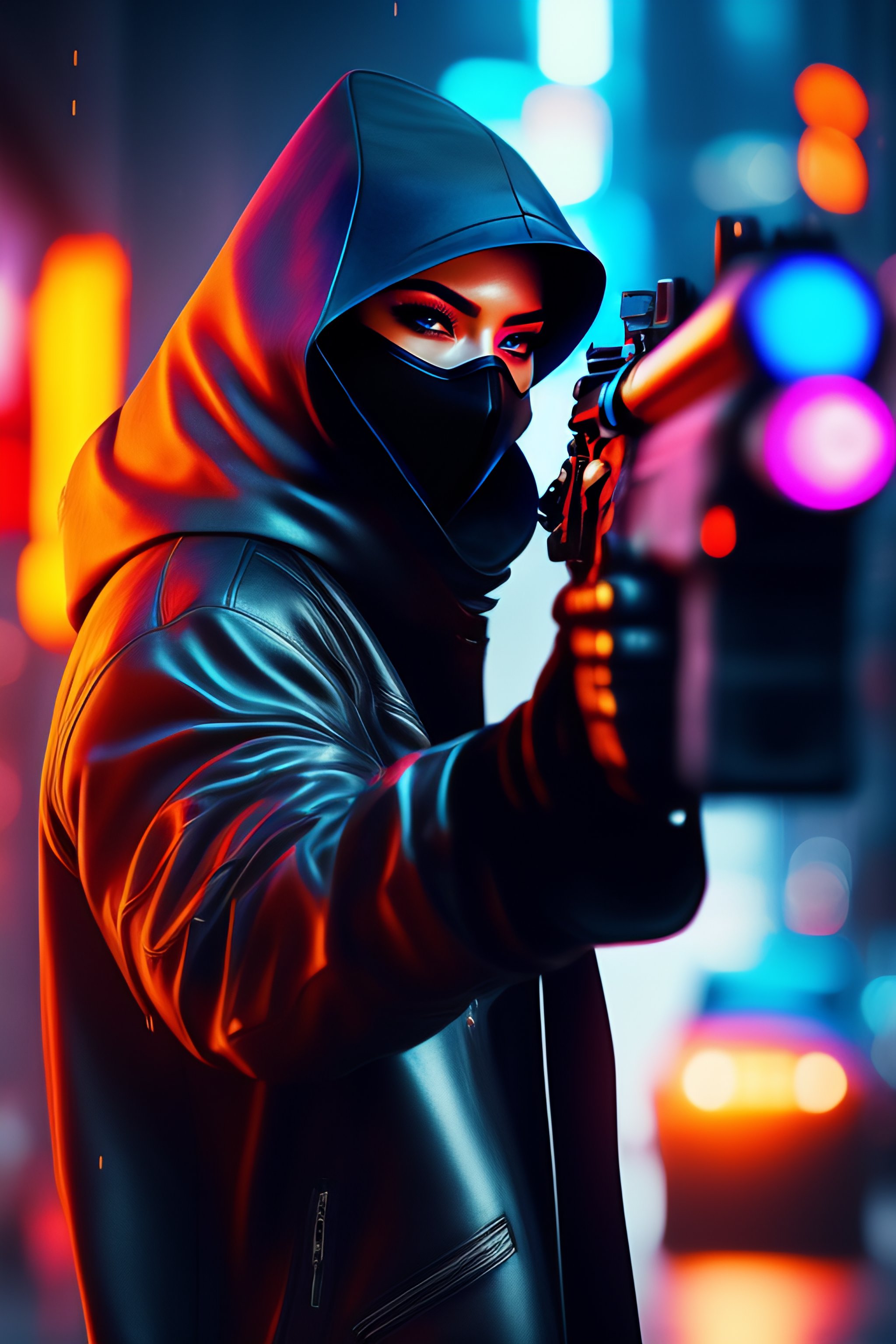 Lexica - Futeristic cyberpunk masked assassin, shooting gun, heavy rain ...