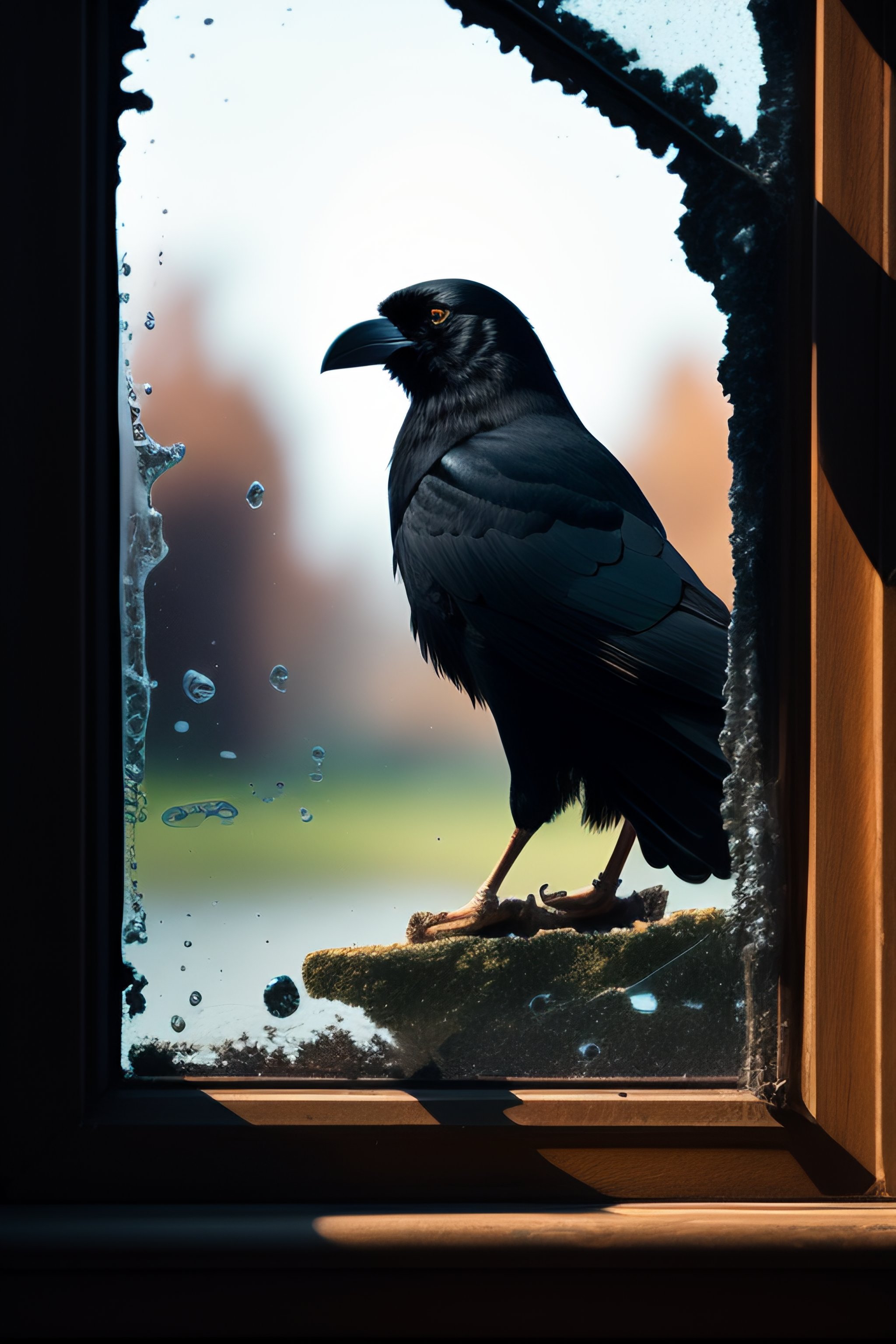 Lexica - A large black crow, peering through a old window with broken ...