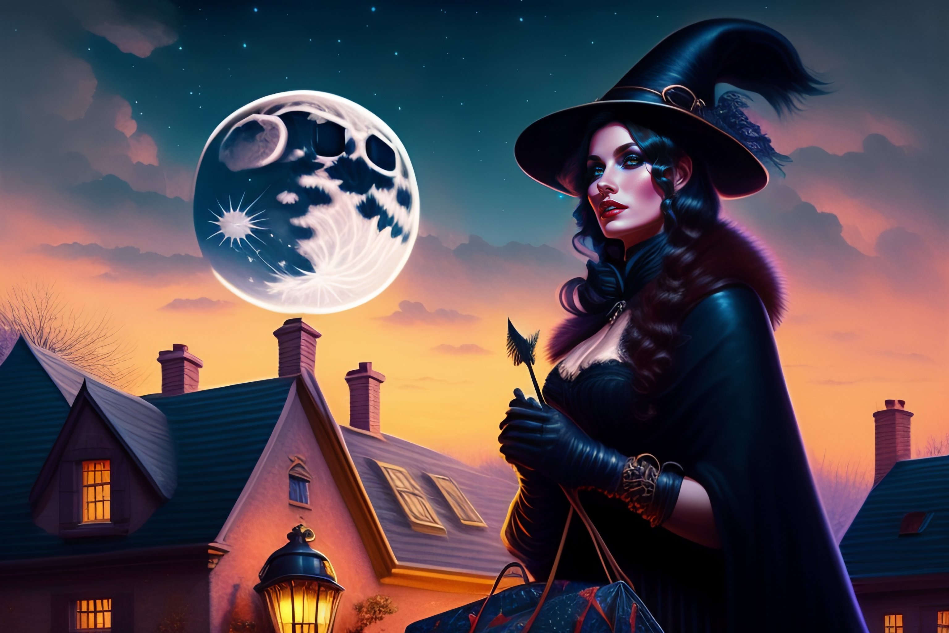Lexica - Goth witch sitting on a roof and holding a bag full of ...