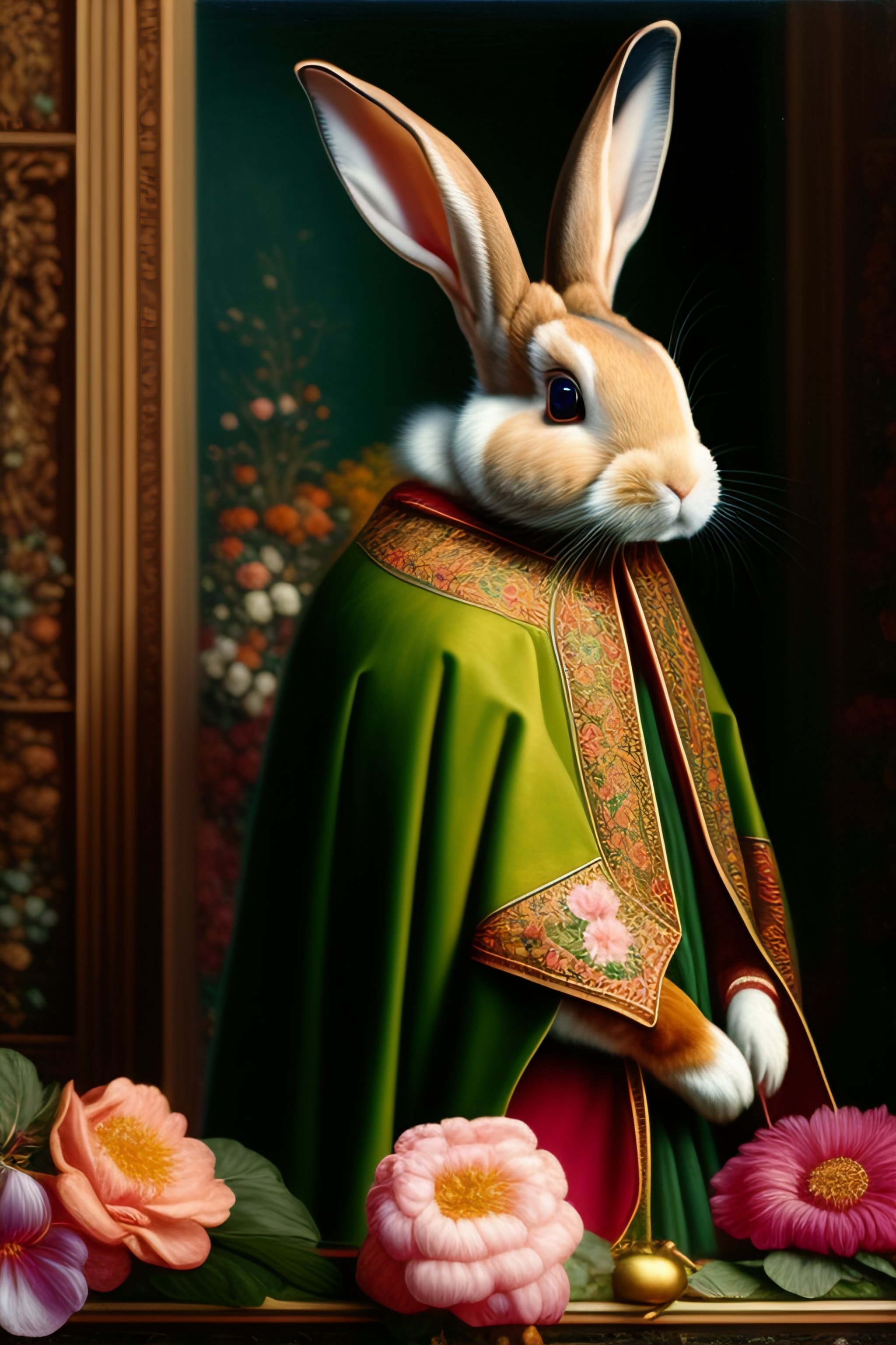 Lexica - A rabbit wearing a cloak of flowers, in a swimming pool, by ...