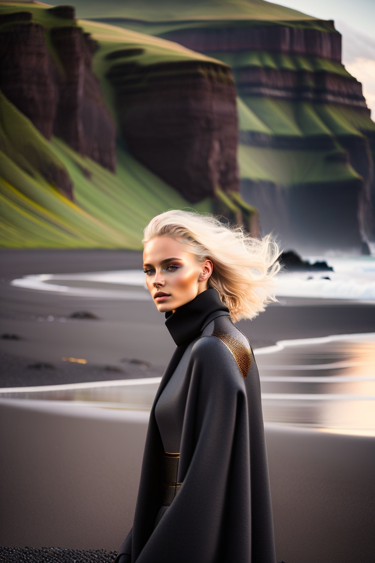 Lexica - Black sand beach in Iceland, model androgyne, blonde curly ...