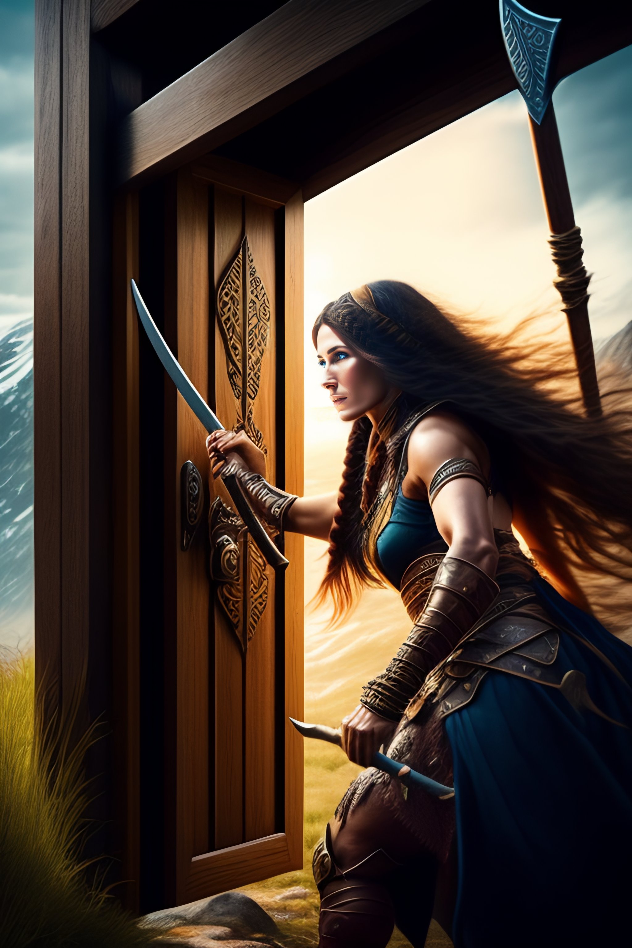 Lexica - A female elf barbarian attacks a wooden door with a axe