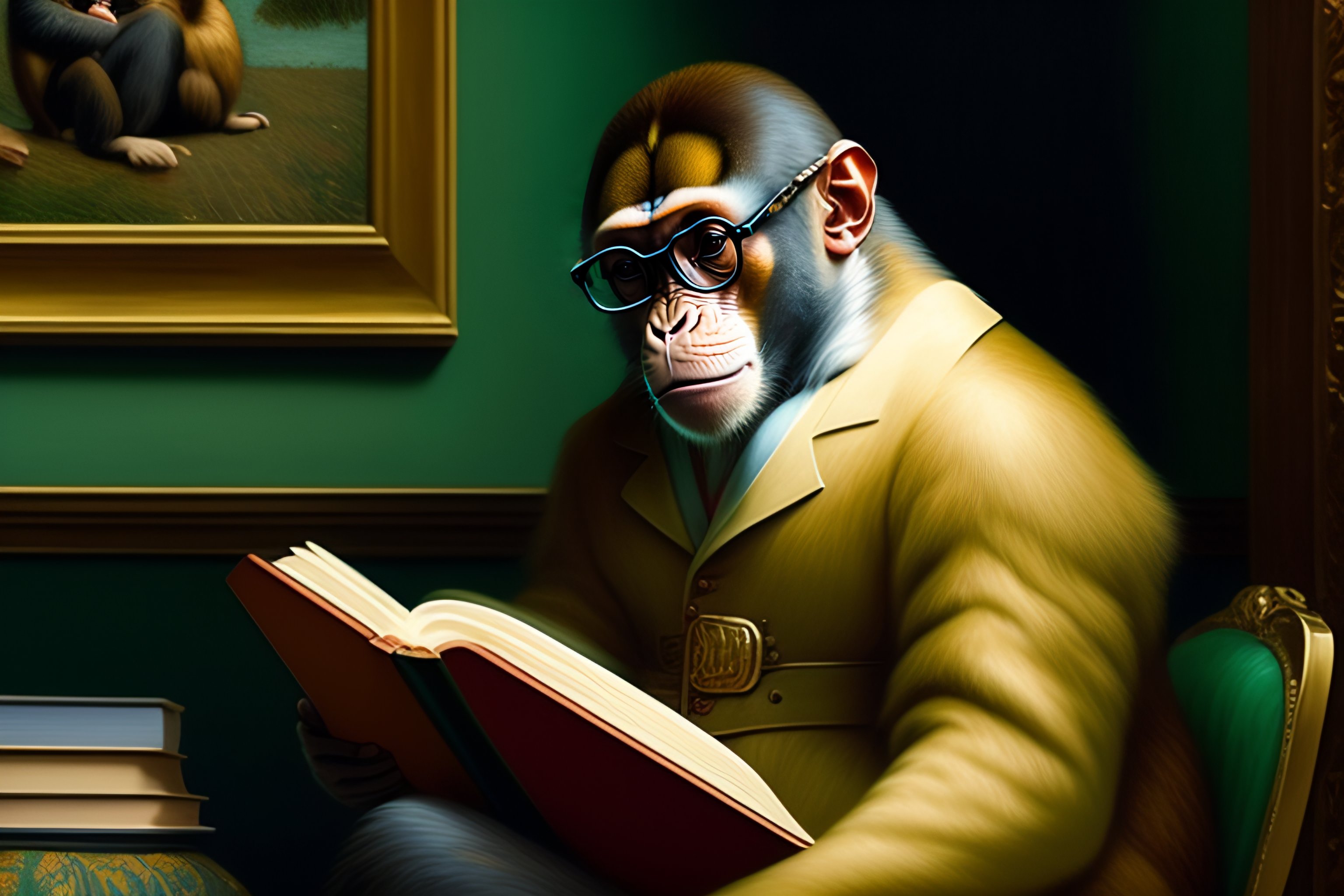 Lexica - Intelectual monkey reading a book with glasses renaissance ...