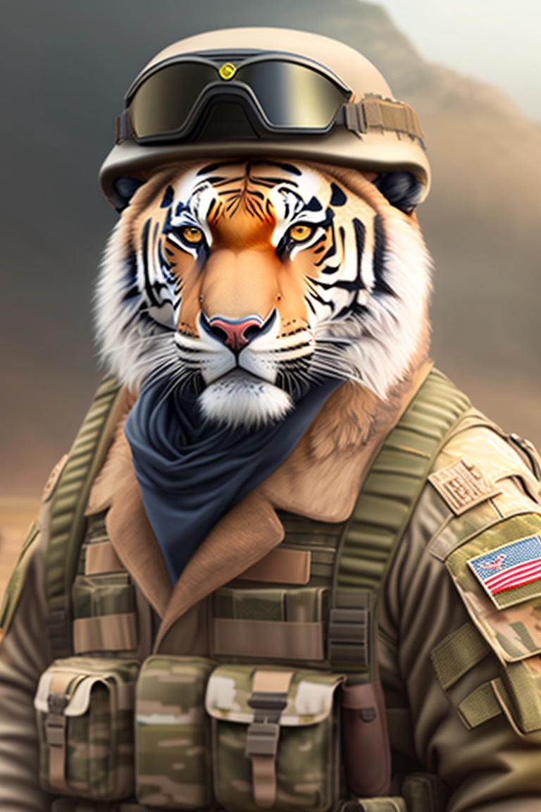 Lexica - Tiger at the front in the army, dressed in a military costume ...