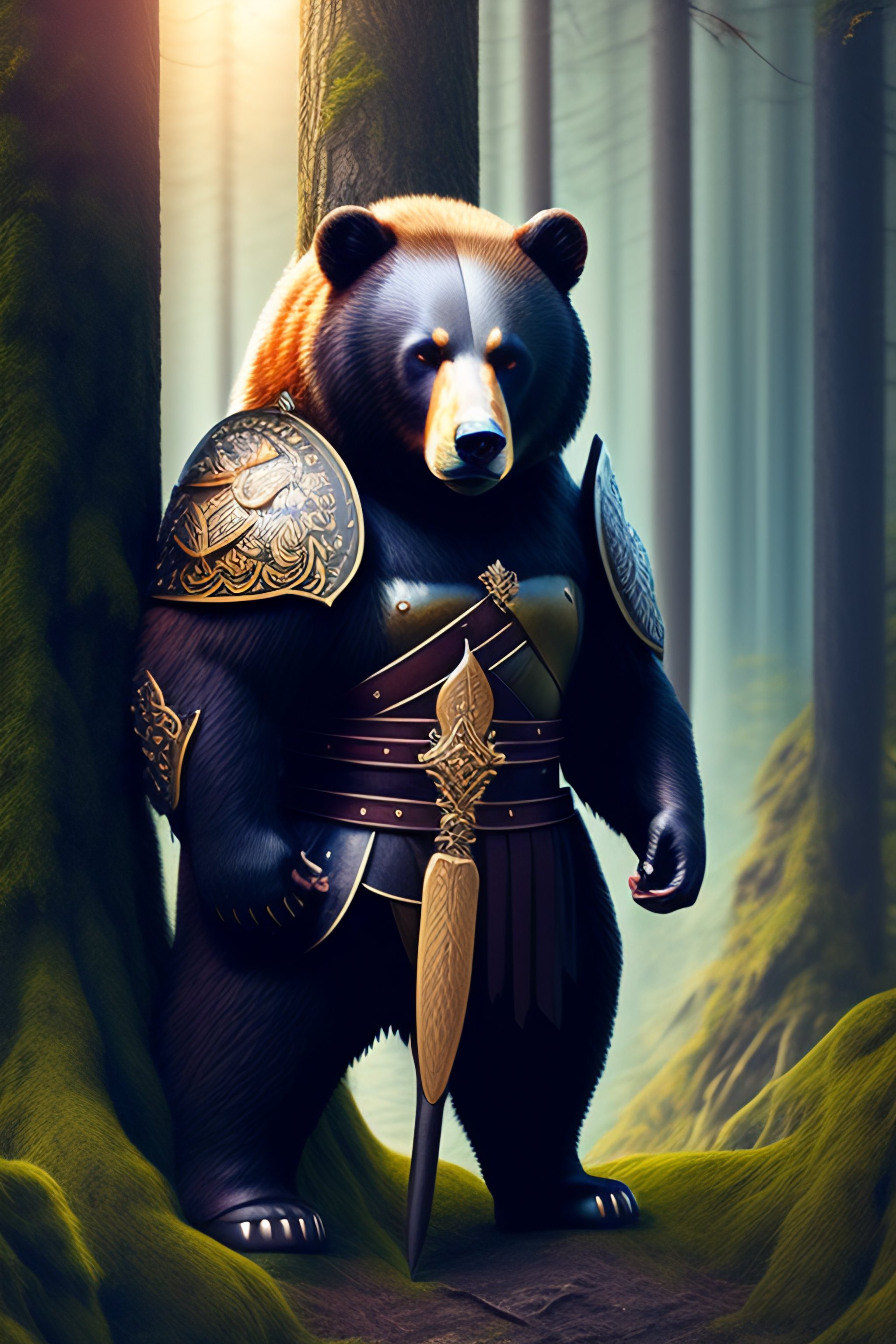 Lexica - A warrior bear with armour and an axe in the forest standing