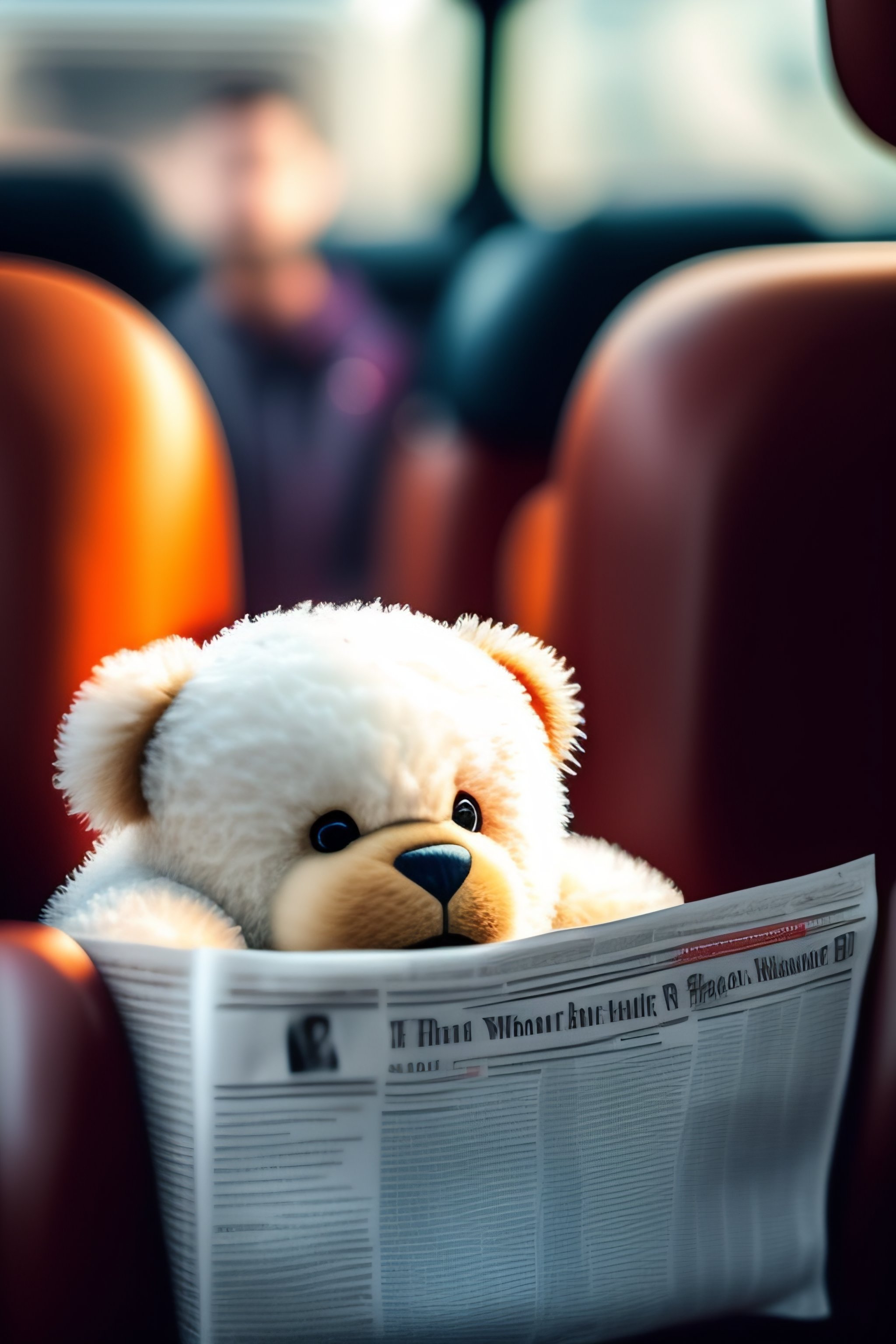 Lexica - Angry white teddy bear reading newspaper in the bus