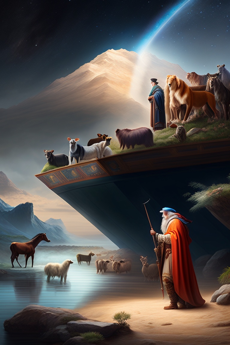 Lexica - A dramatic scene showing Noah building the ark and the animals ...