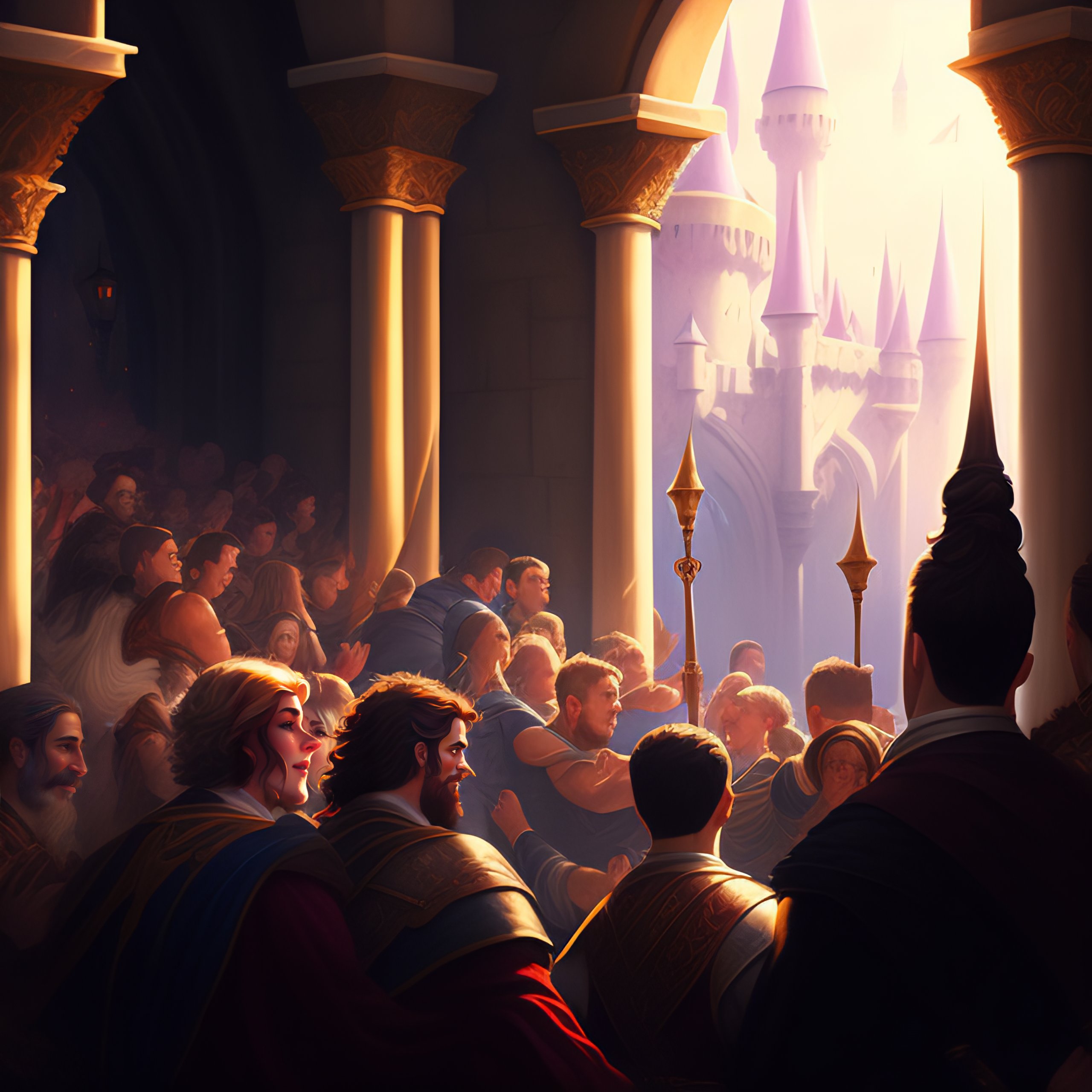 Lexica - Drunken cheering crowd below castle balcony, low angle ...