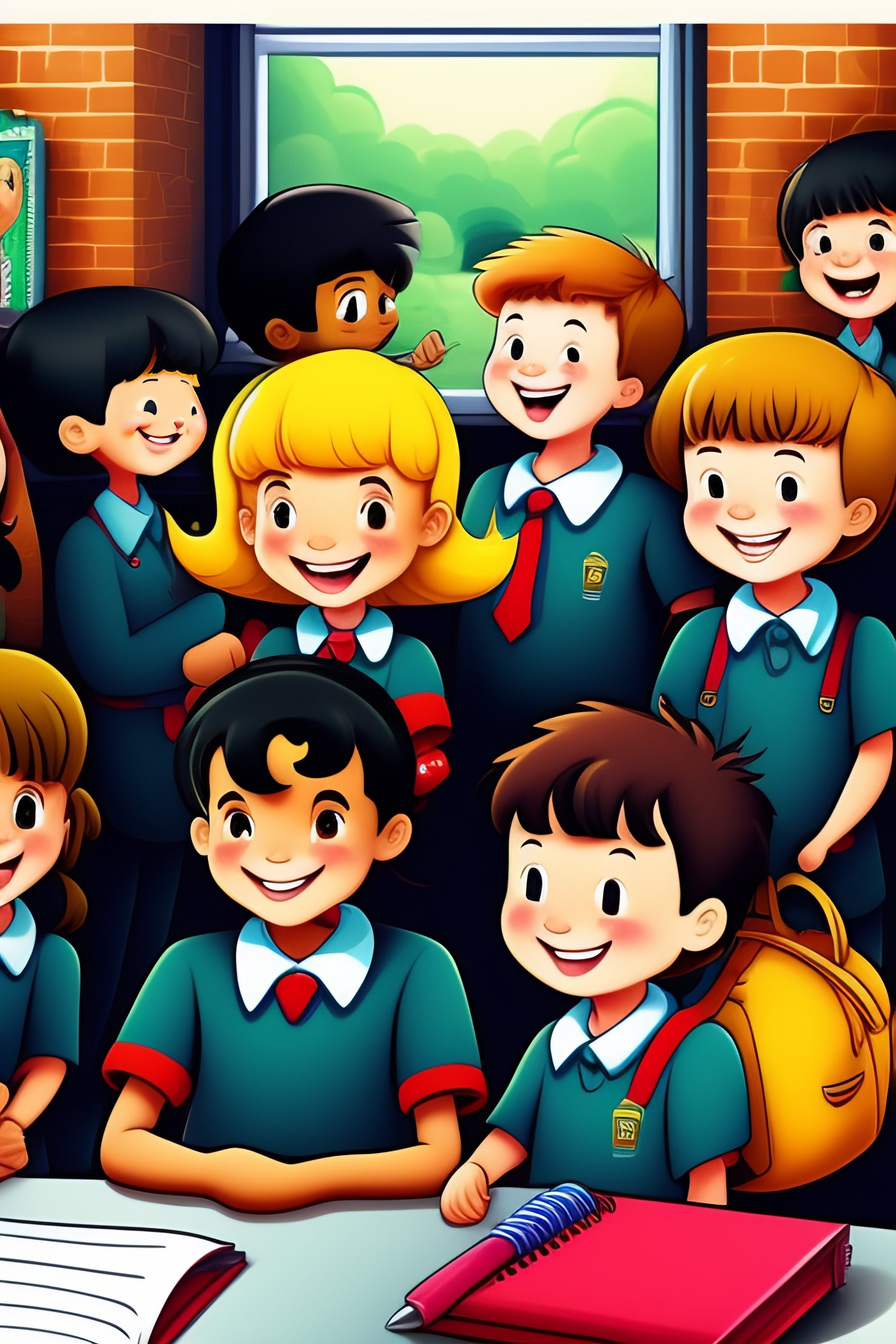 Lexica - Happy children meeting at school, cartoon