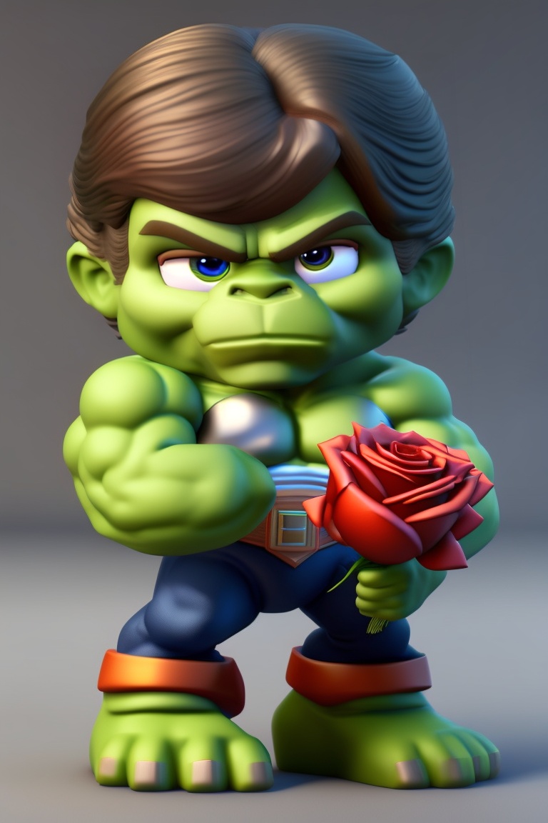 Lexica - An emotional little Hulk figure holding a rose, 3d, HD,