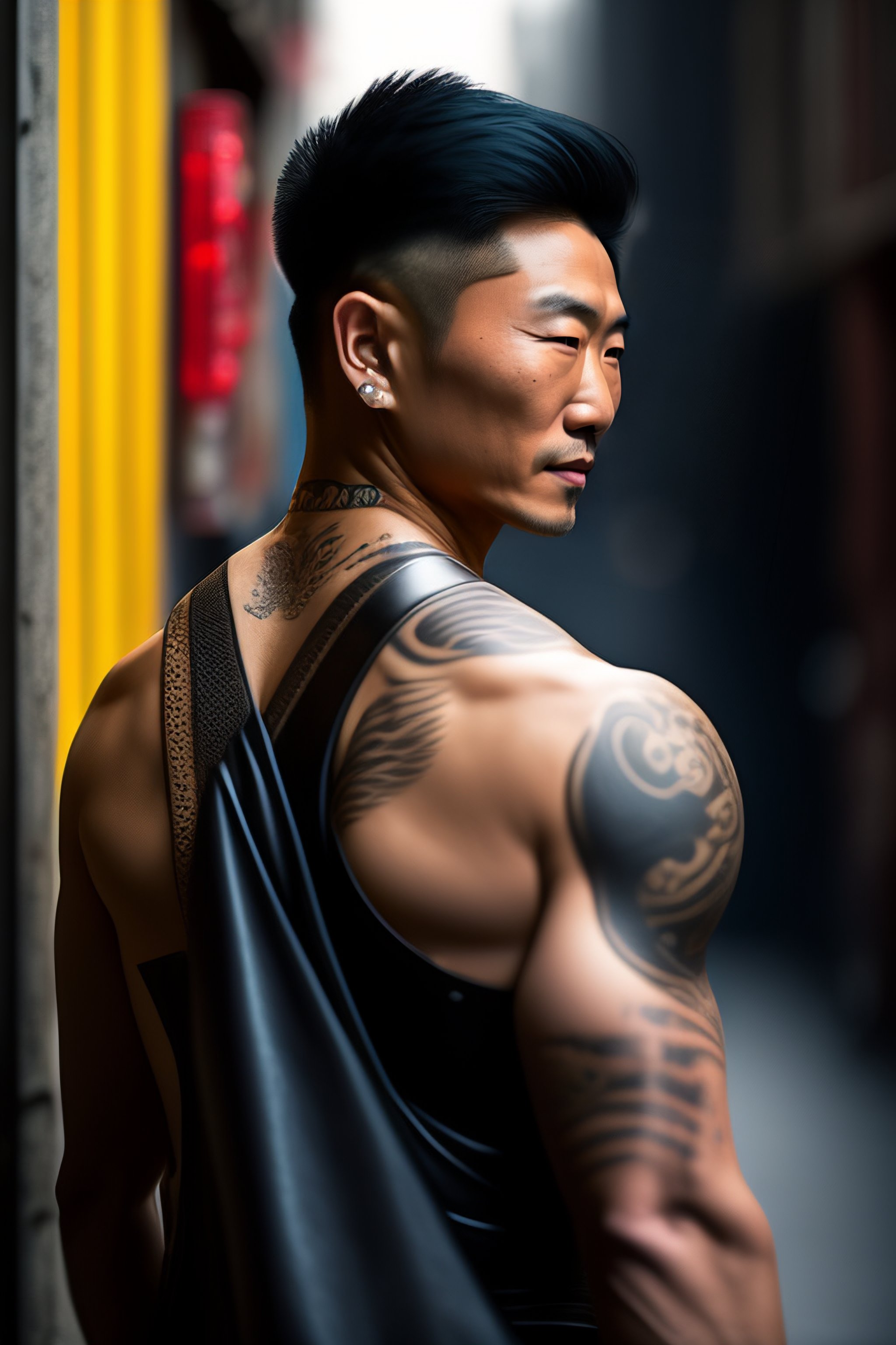 Lexica - Asian man in a back alley with a dragon tattoo in a matrix style