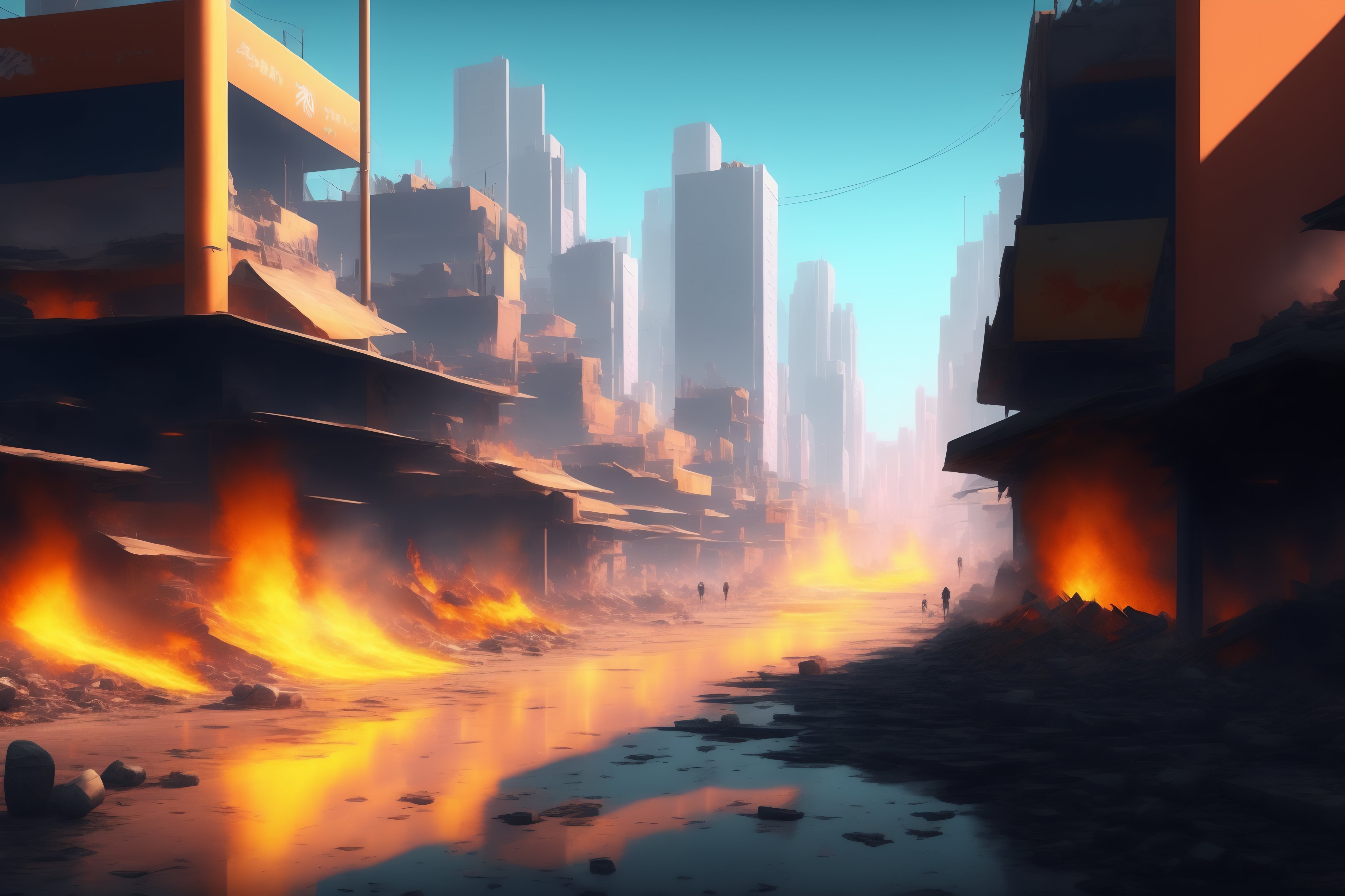 Lexica - A city that's on fire with broken buildings and rubble on the ...