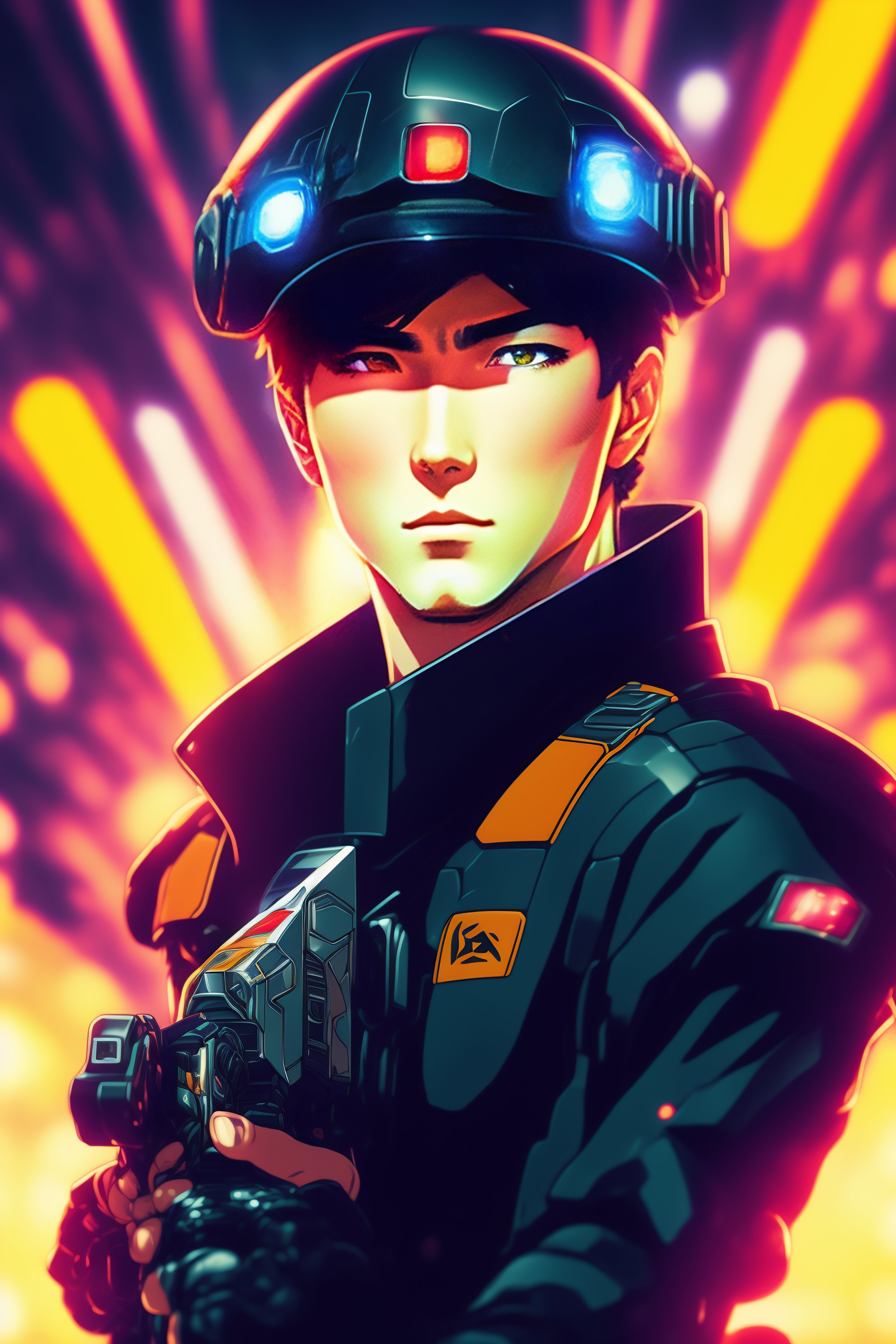 Lexica - Portrait of a mecha man holding a laser handgun, anime style