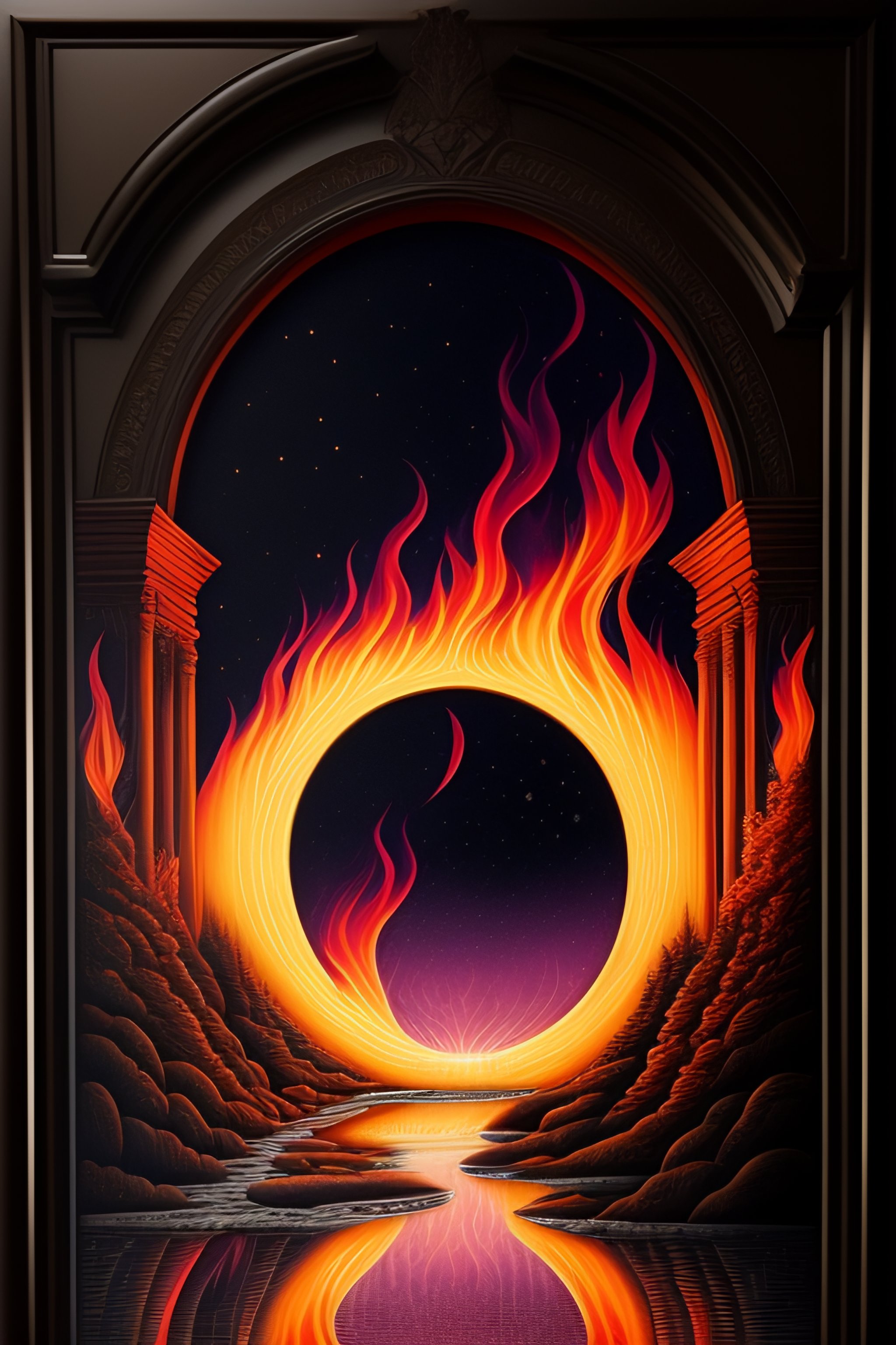 Lexica - Flaming portal, detailed etching, border