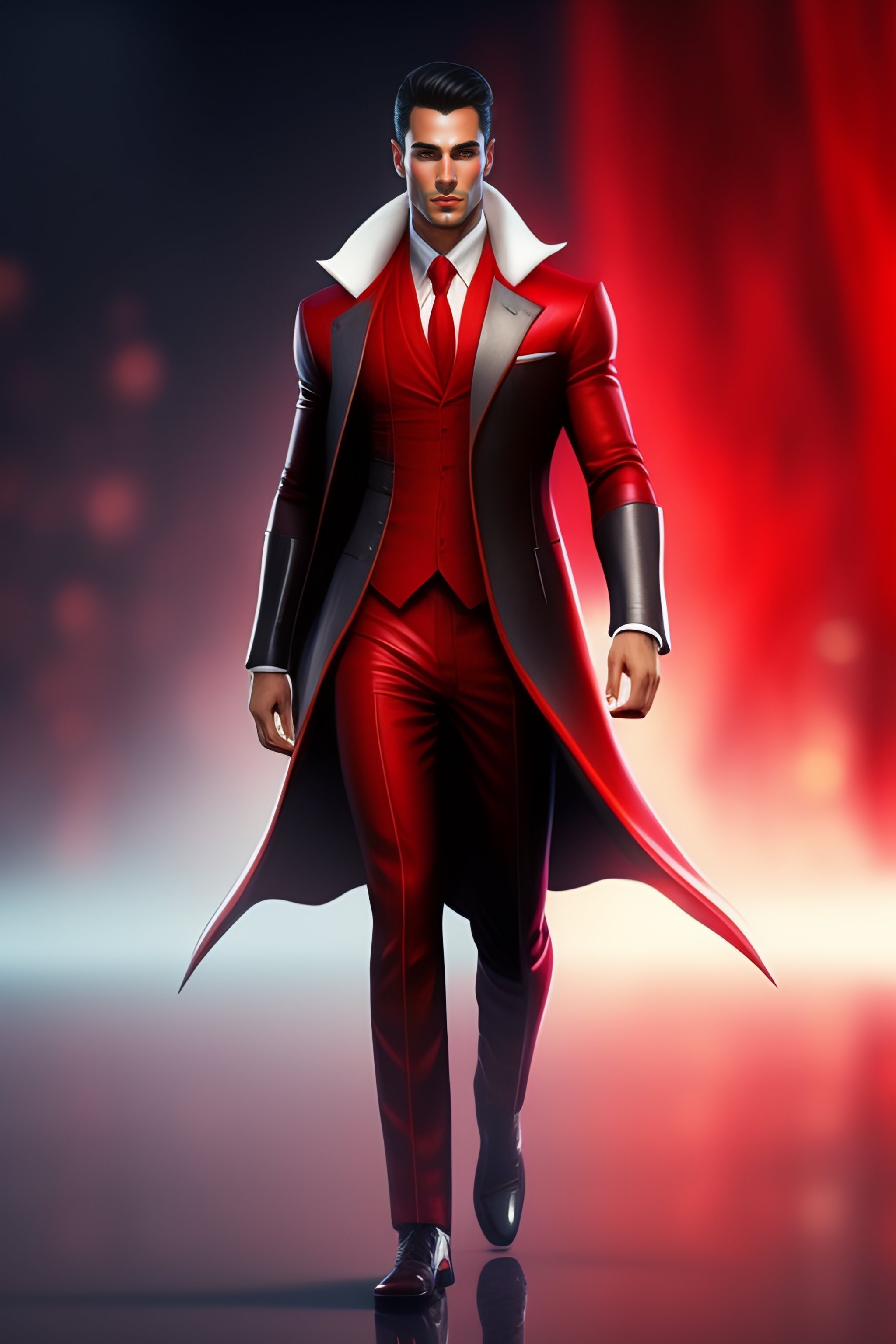 Lexica - Half-elf, suit with white coat, dark hair, red hat, red dress ...