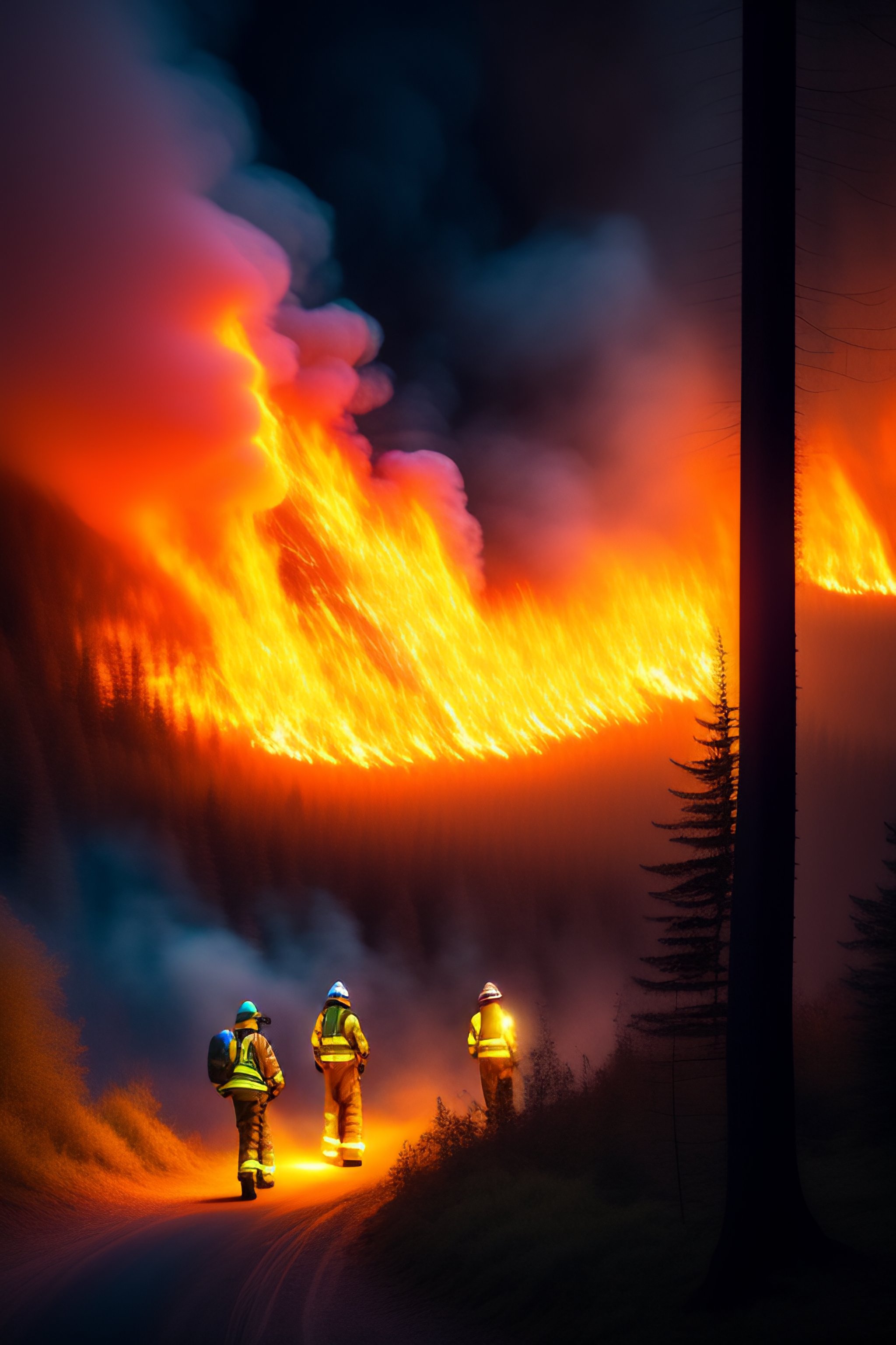 Lexica - Created three European firefighters putting out a forest fire