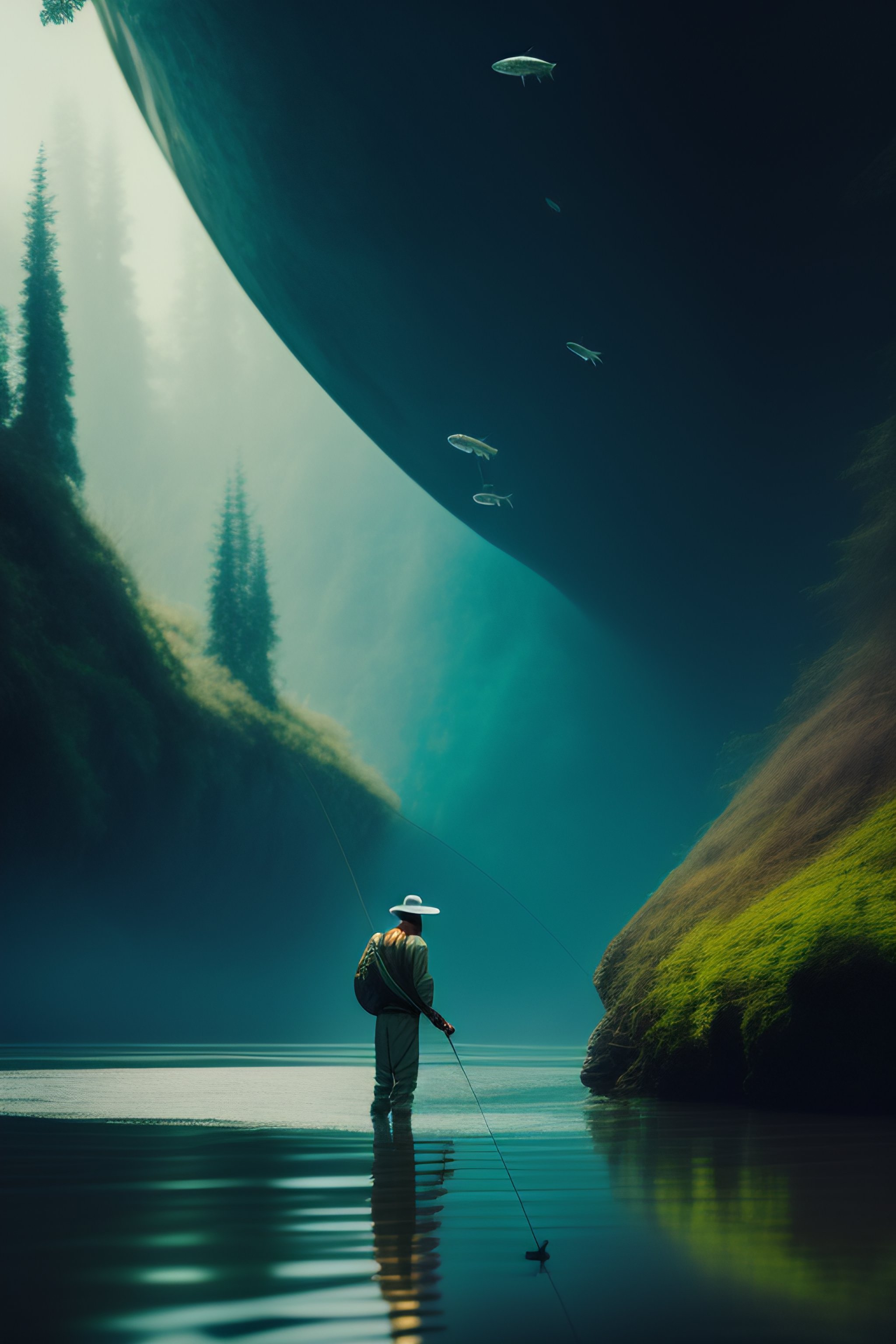Lexica - Fisherman with fly fishing pole stands in forested river ...