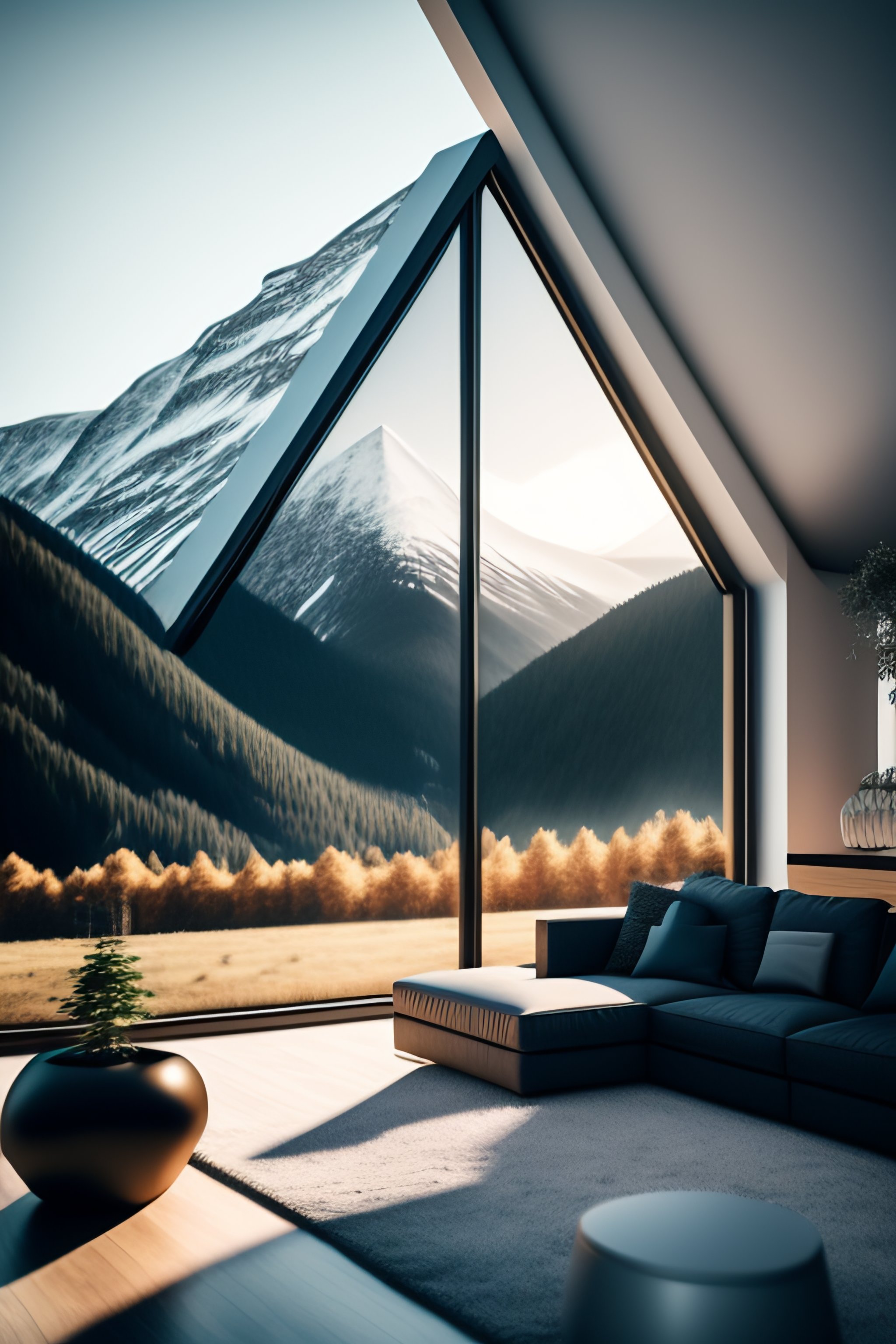 Lexica - Realistic, modern living room with big triangle windows and a ...