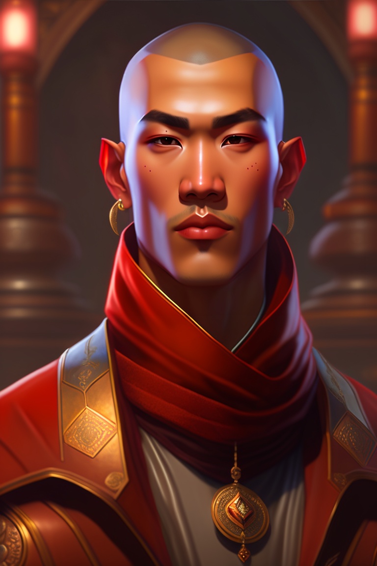 Lexica - Front potrait,a shaolin monk, shaved head, punk, red leather ...