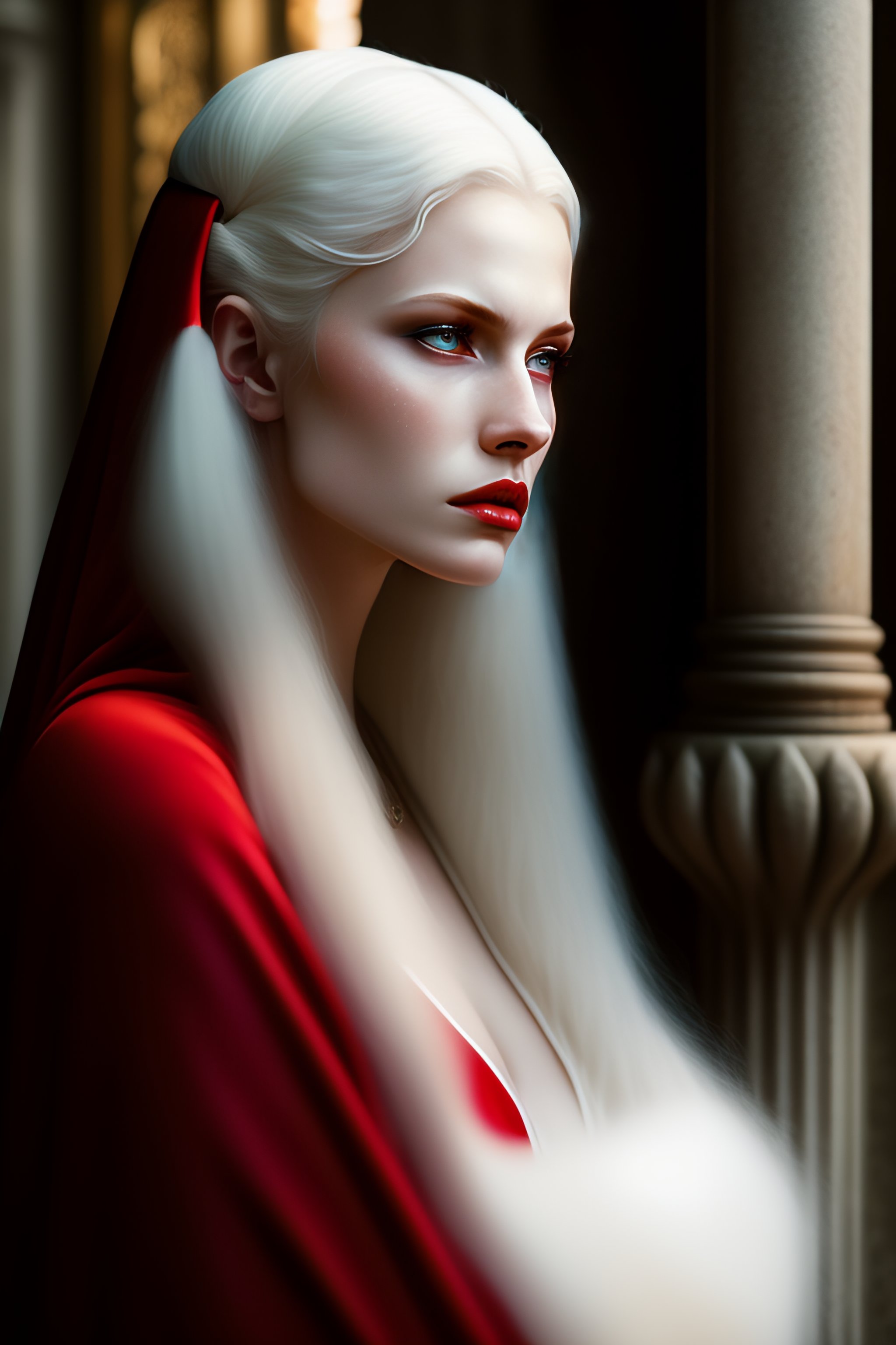 Lexica - Sad looking albino vampire female in a temple sitting on ...