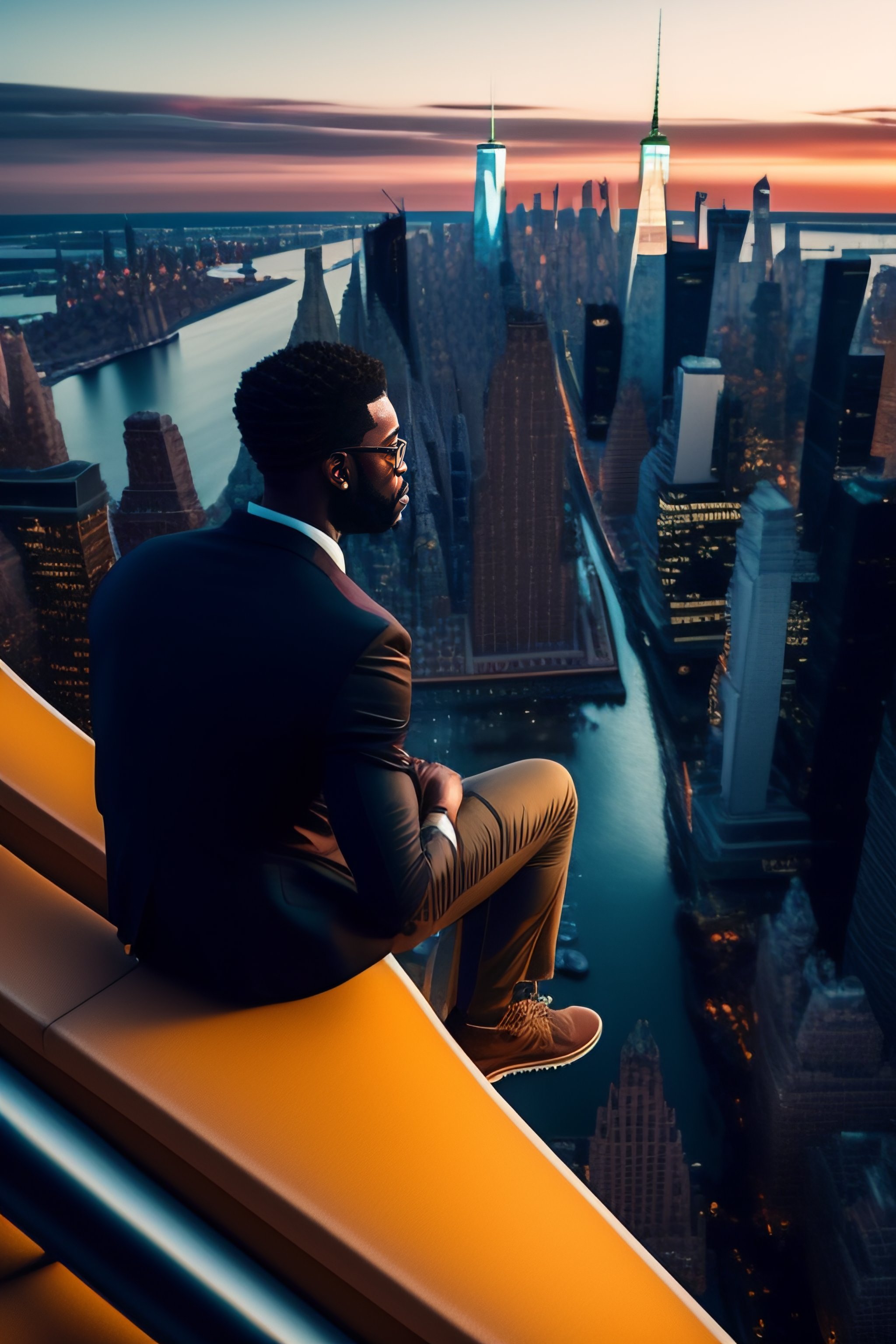 Lexica - Black man sitting on a roof looking down at New York City ...