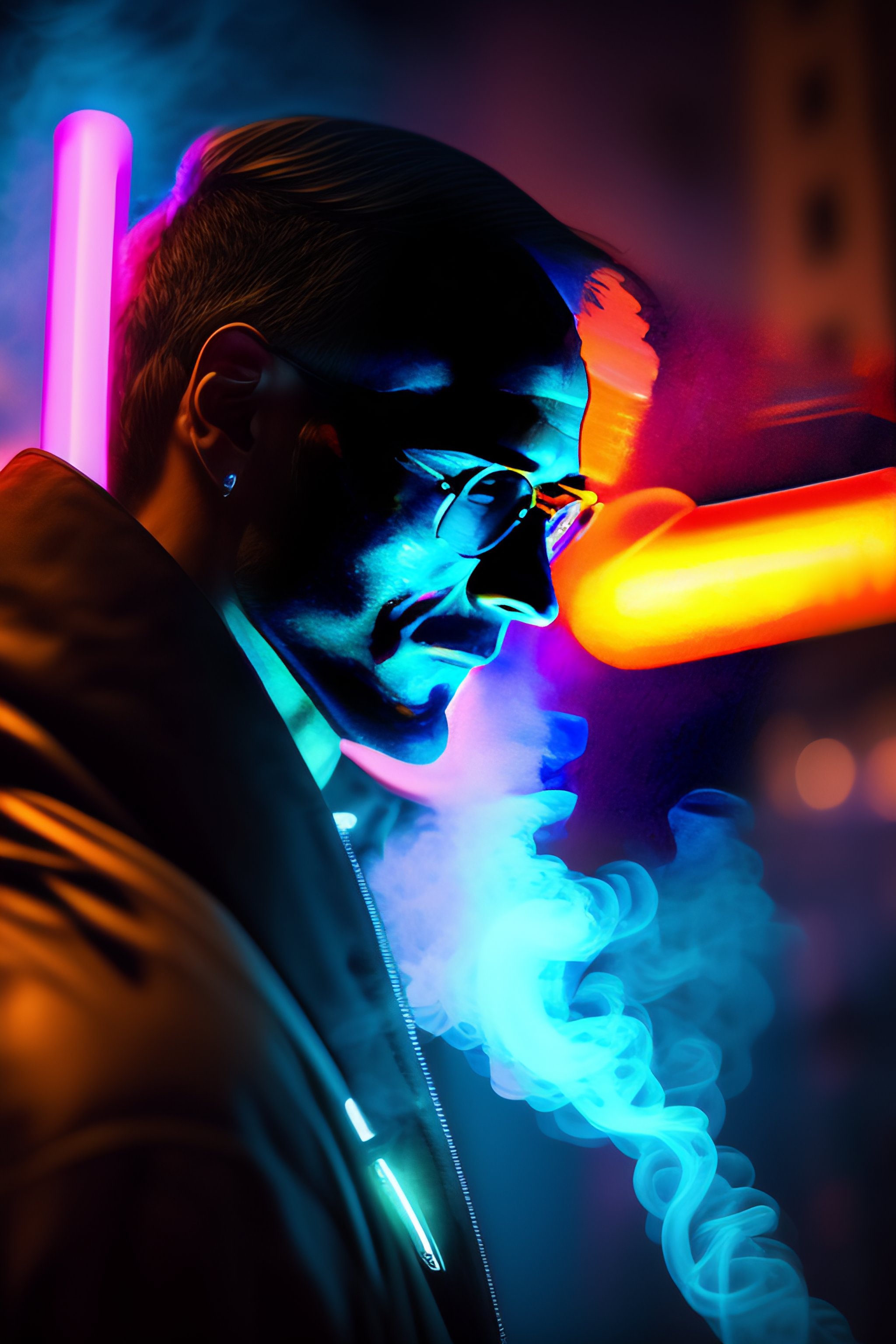 Lexica - Cyberpunk steve jobs, intrincate details, neon, smoke, gaudi