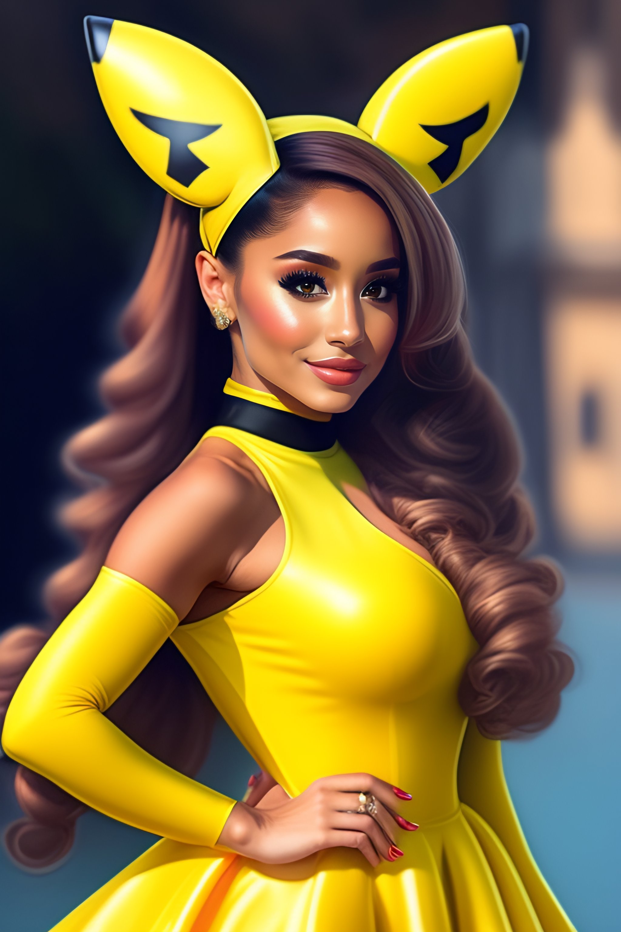 Lexica - Ariana Grande as pikachu, long hair pigtail, Full body view ...