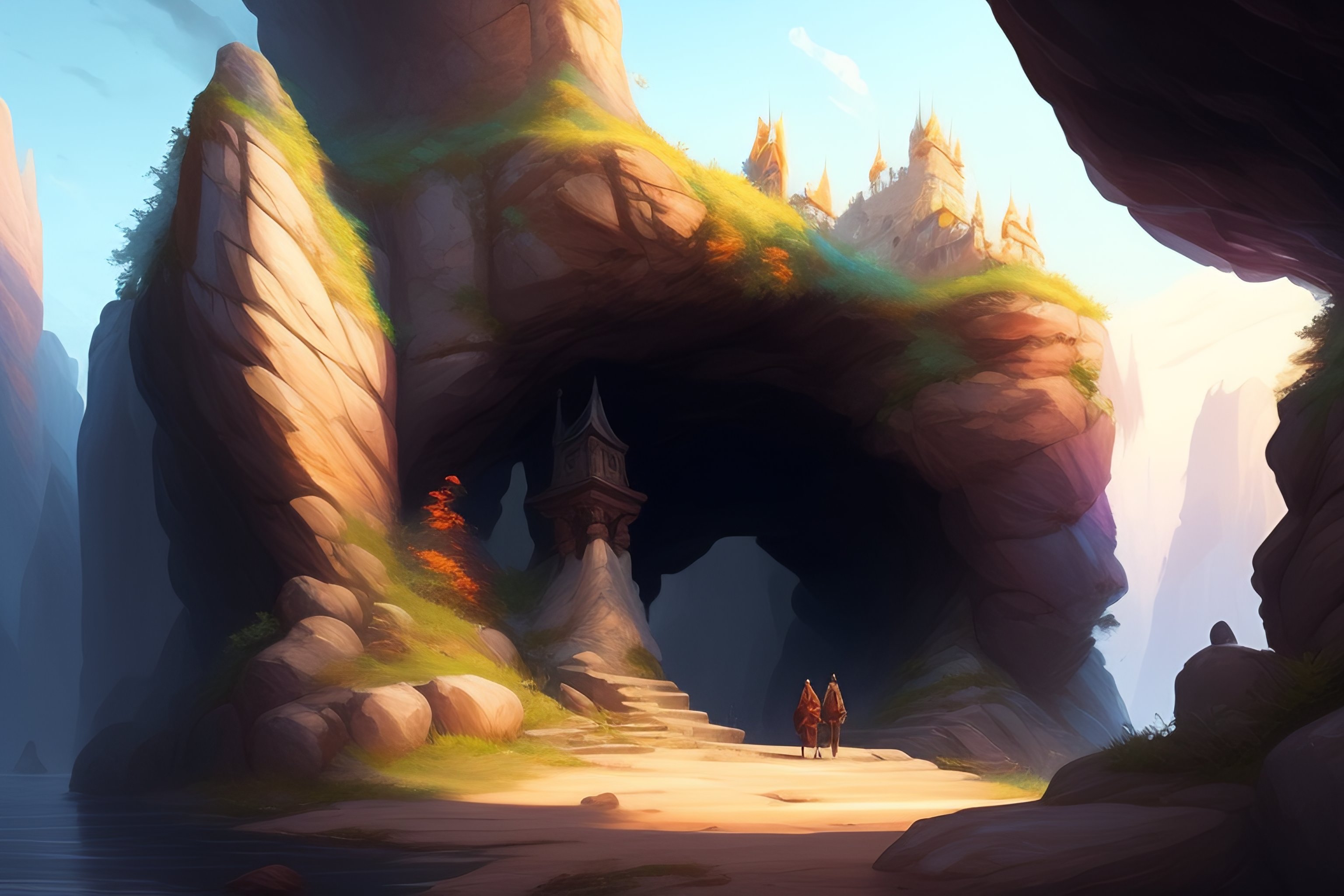 Lexica - Exterior of cave entrance, medieval, high fantasy capital city ...
