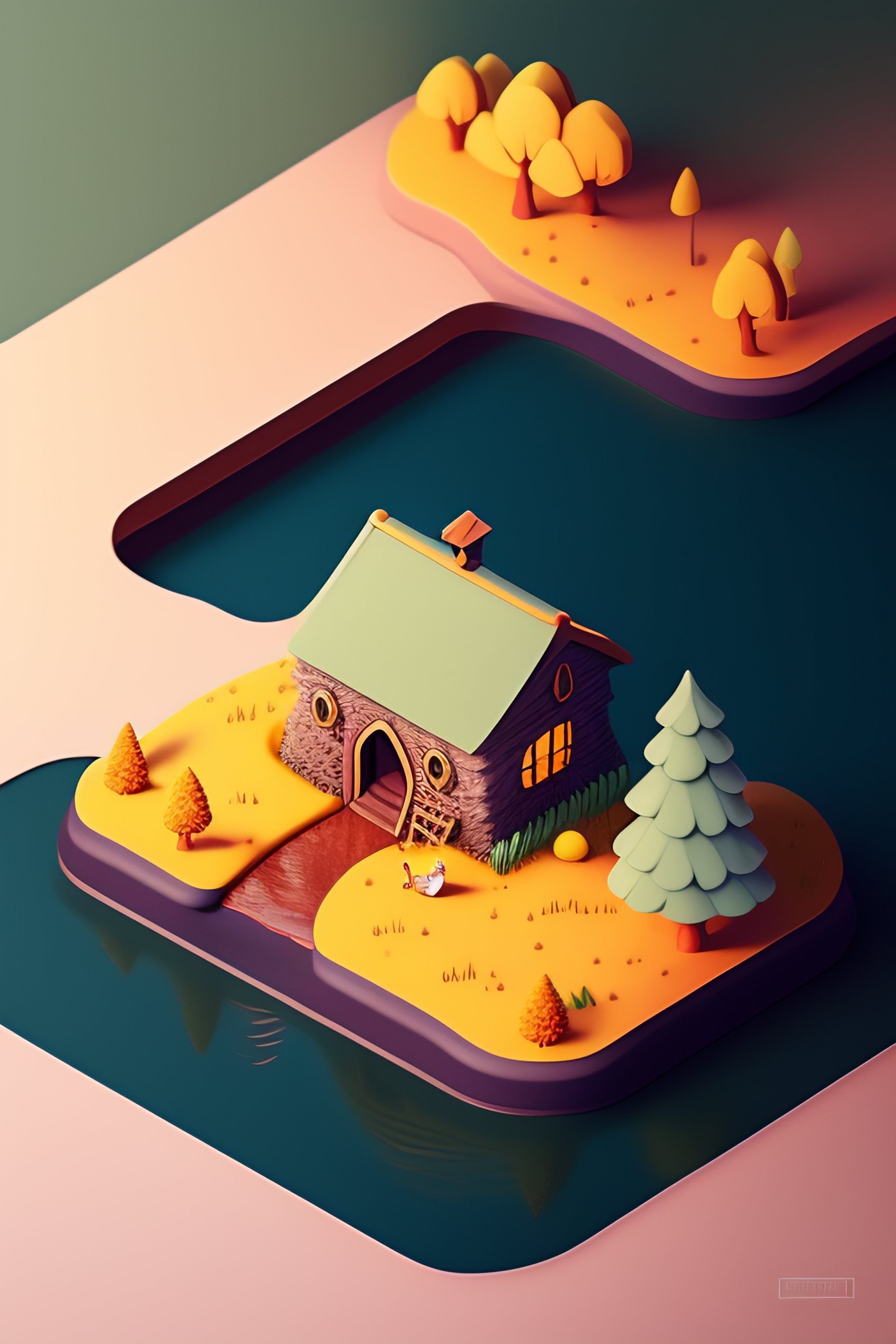 Lexica - Isometric render of a farm by a river, simple, solid shapes ...