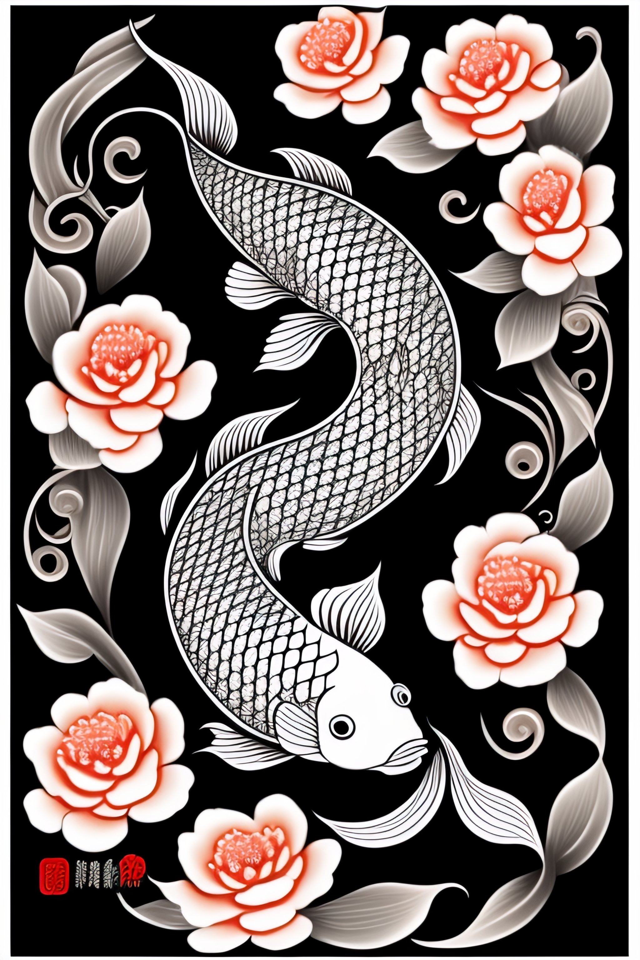 Lexica - A koi carp full of roses, irezumi, japanese style, drawing ...