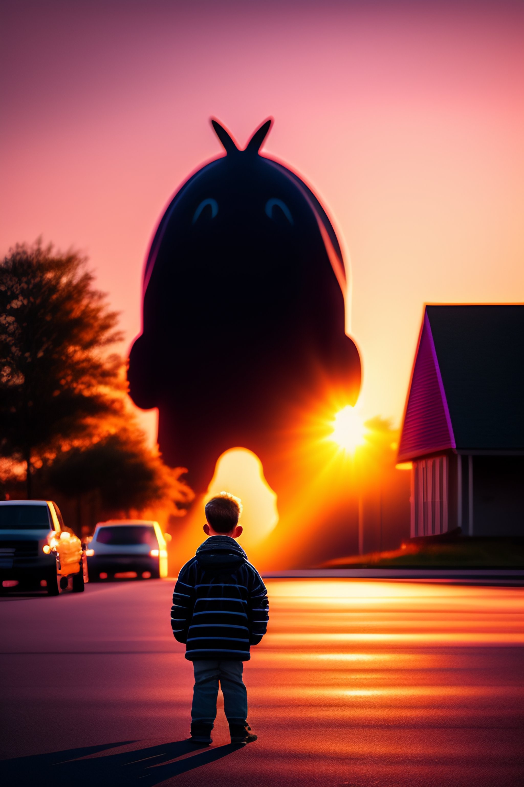 Lexica - Lone tall big headed monster waiting for the bus in a little ...